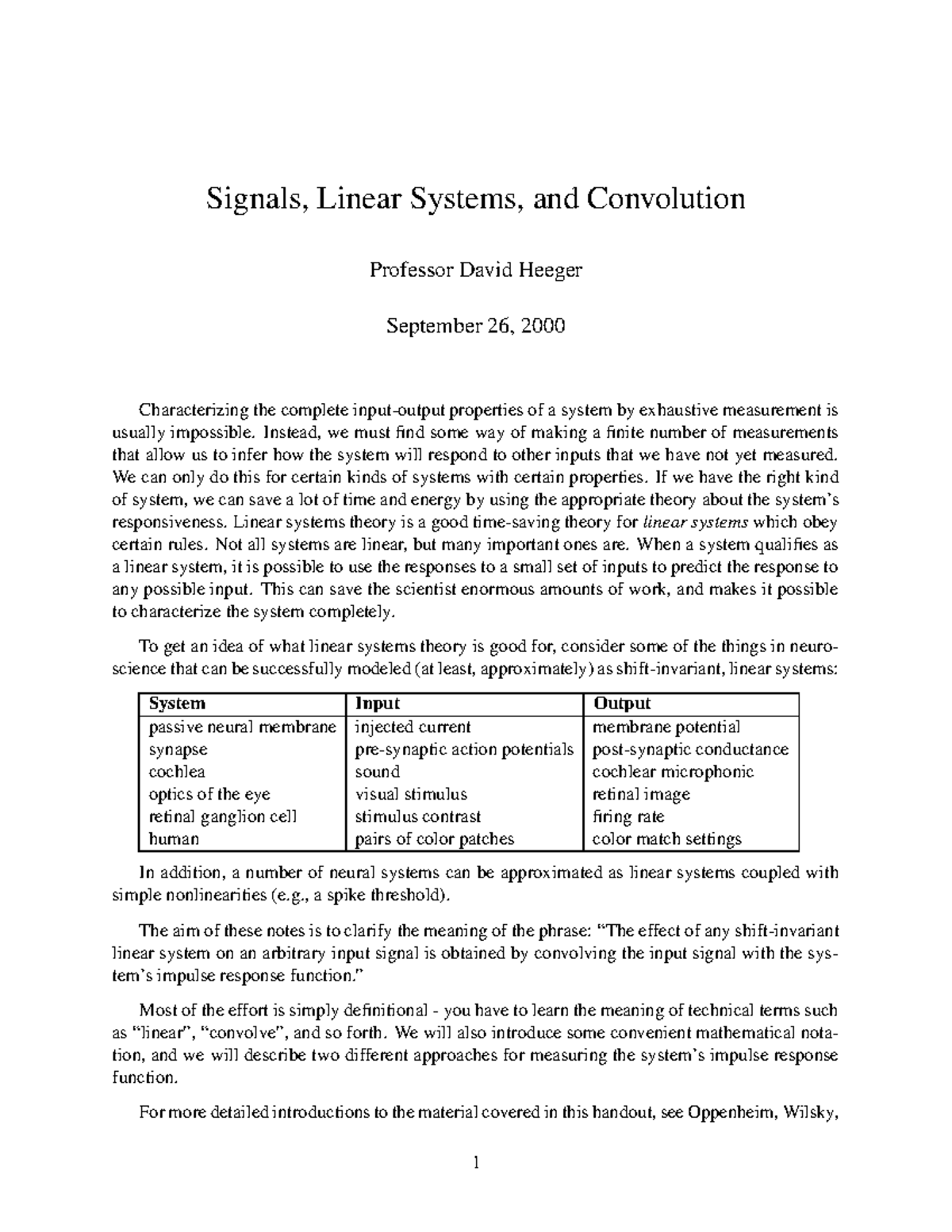 Convolution - zusammenfassung - Signals, Linear Systems, and Convolution Professor David Heeger ...