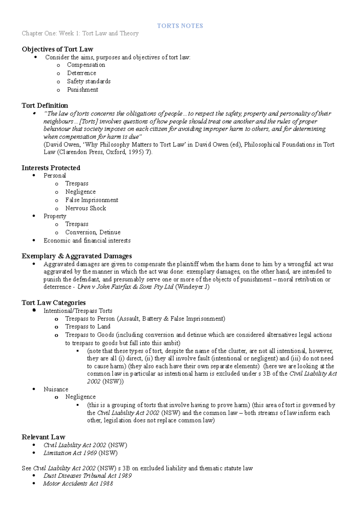 Torts- Notes - TORTS NOTES Chapter One: Week 1: Tort Law and Theory ...