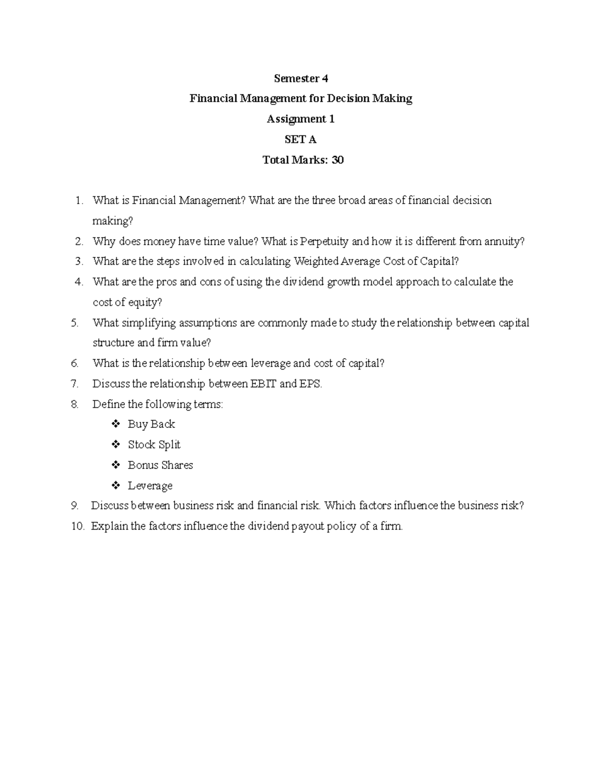 Semester 4 Assignment A - Semester 4 Financial Management for Decision ...