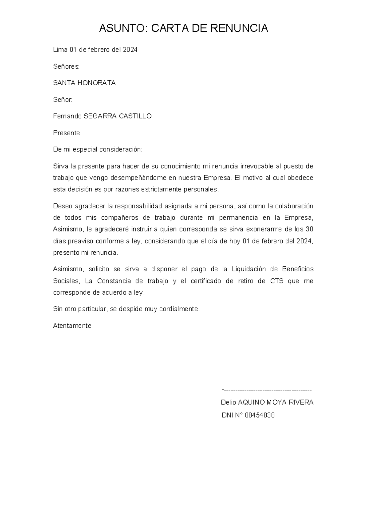 Renuncia - ASUNTO: CARTA DE RENUNCIA Lima 01 de febrero del 2024 ...