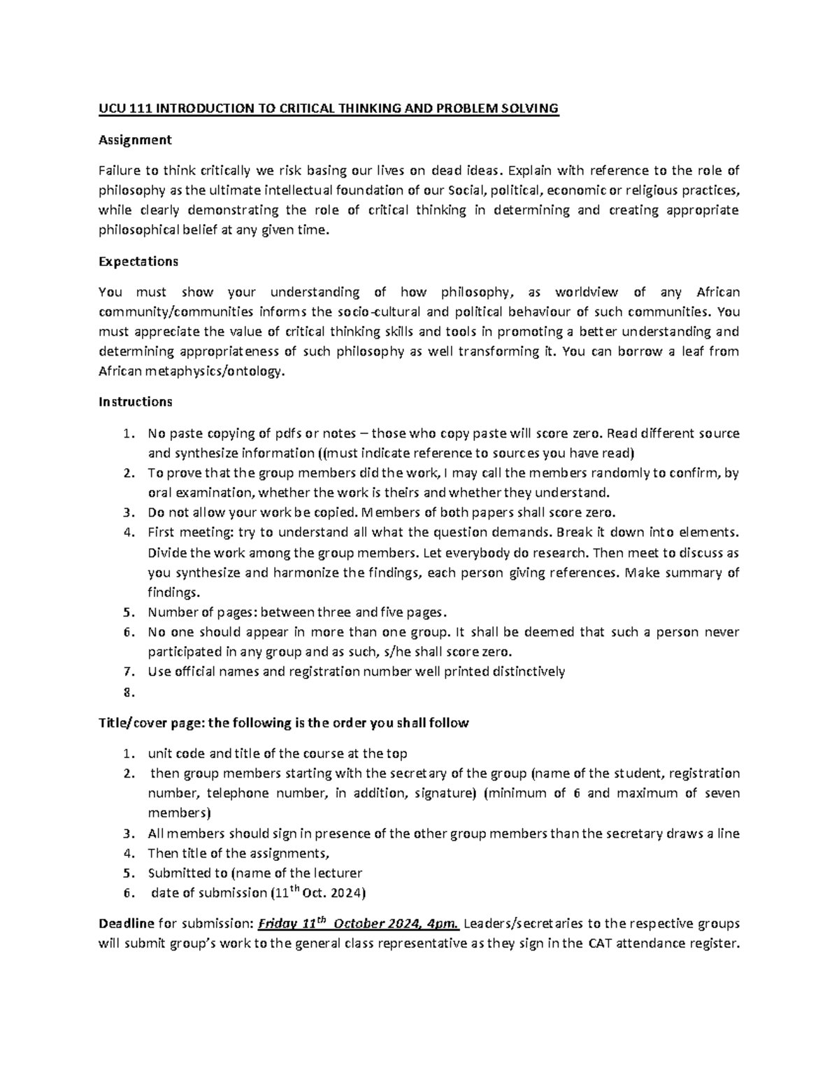 UCU 111 Assignment - Generate an essay from the question - UCU 111 ...