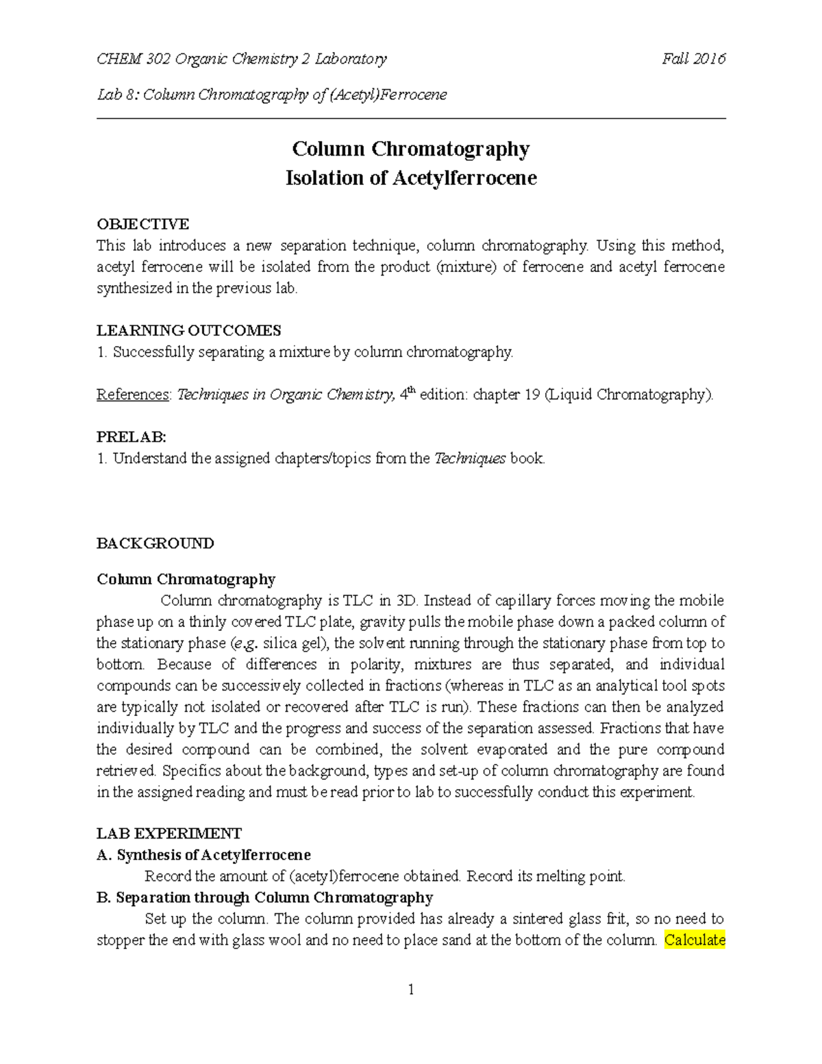 7 Column Chromatography Ferrocene Fa16 - CHEM 302 Organic Chemistry 2 ...