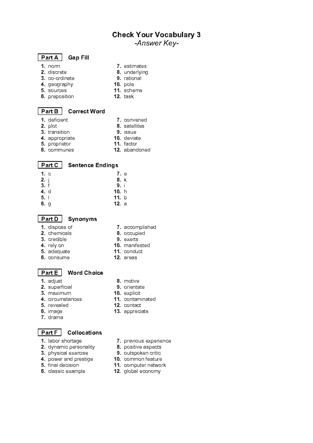 Check Your Vocabulary 3 [Ans. Key] - Check Your Vocabulary 3 -Answer ...
