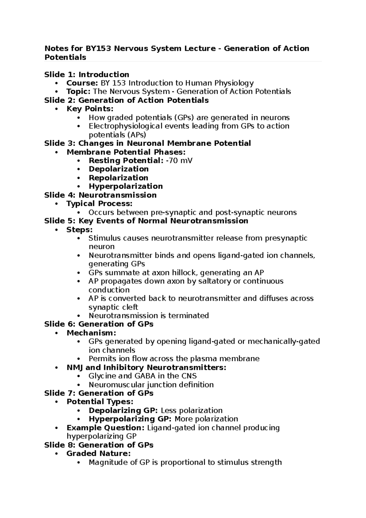 153 notes - nervous system - Notes for BY153 Nervous System Lecture ...