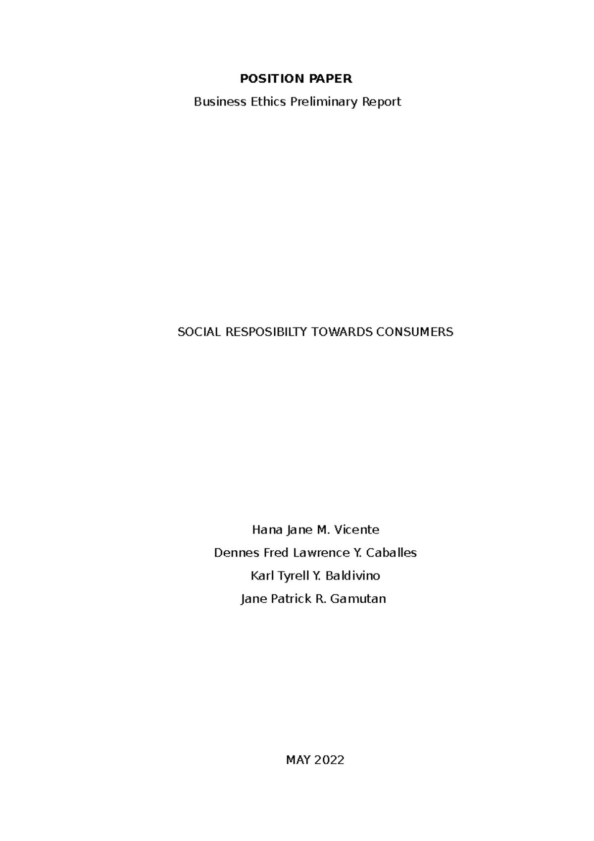 Position Paper - POSITION PAPER Business Ethics Preliminary Report ...