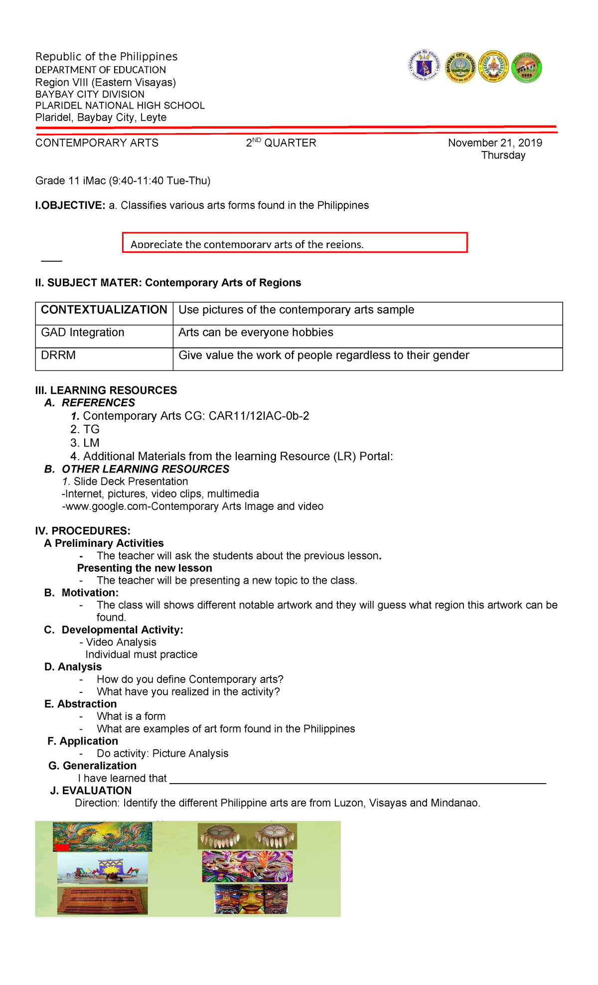 Contemporary ARTS LESSON PLAN - Republic of the Philippines DEPARTMENT ...