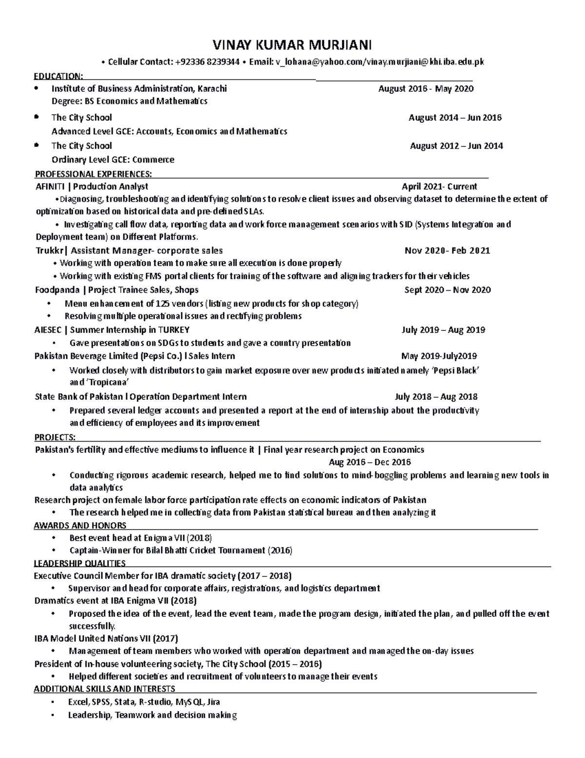 Vinay-Resume - jijj - VINAY KUMAR MURJIANI • Cellular Contact: +92336 8239344 • Email: - Studocu