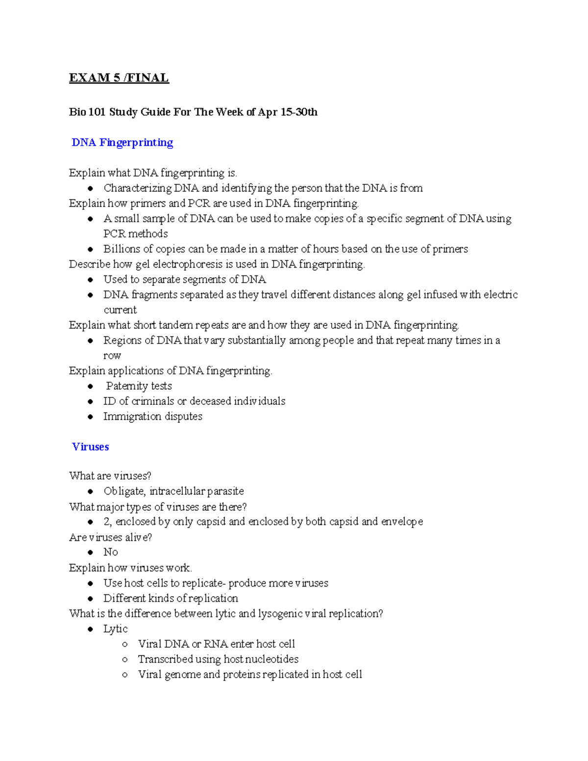 BIO 101 Exam 5 Final Study Guide - EXAM 5 /FINAL Bio 101 Study Guide ...
