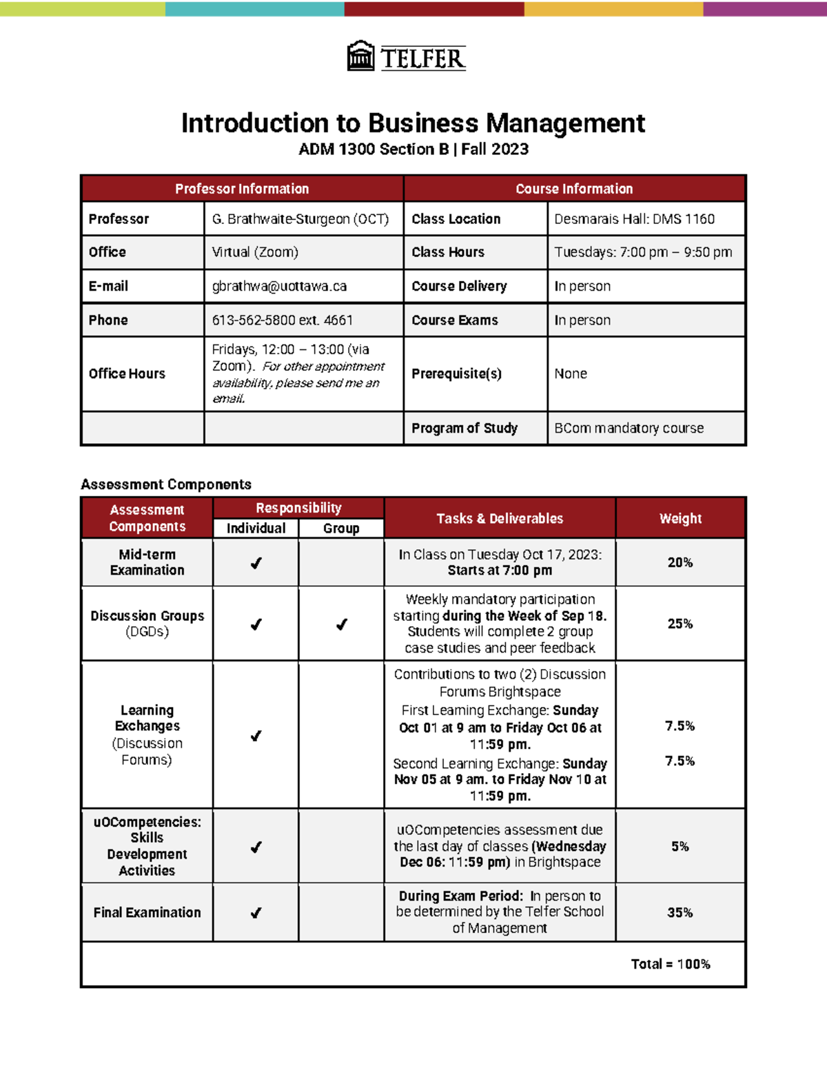 ADM 1300 B Fall 2023 Course Outline - Introduction to Business ...