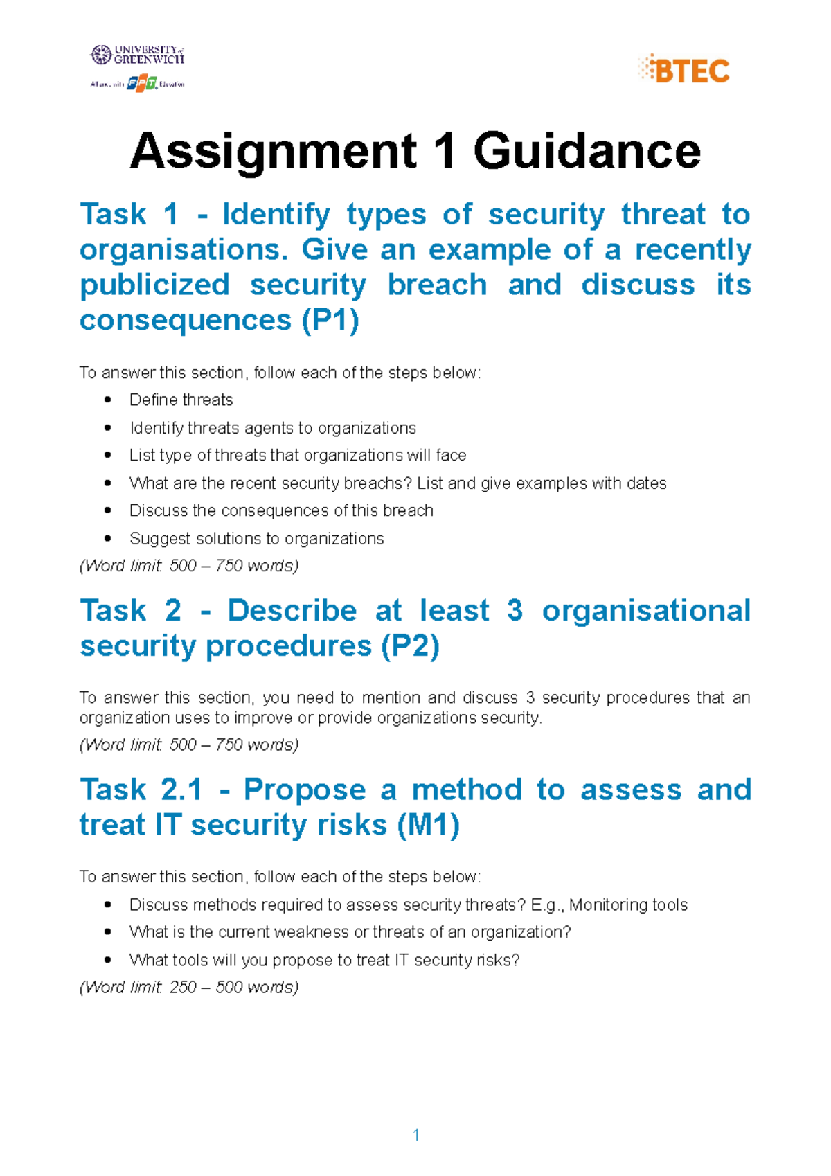 1 Unit 5 - Assignment 1 Guidance - Assignment 1 Guidance Task 1 - Identify types of security ...