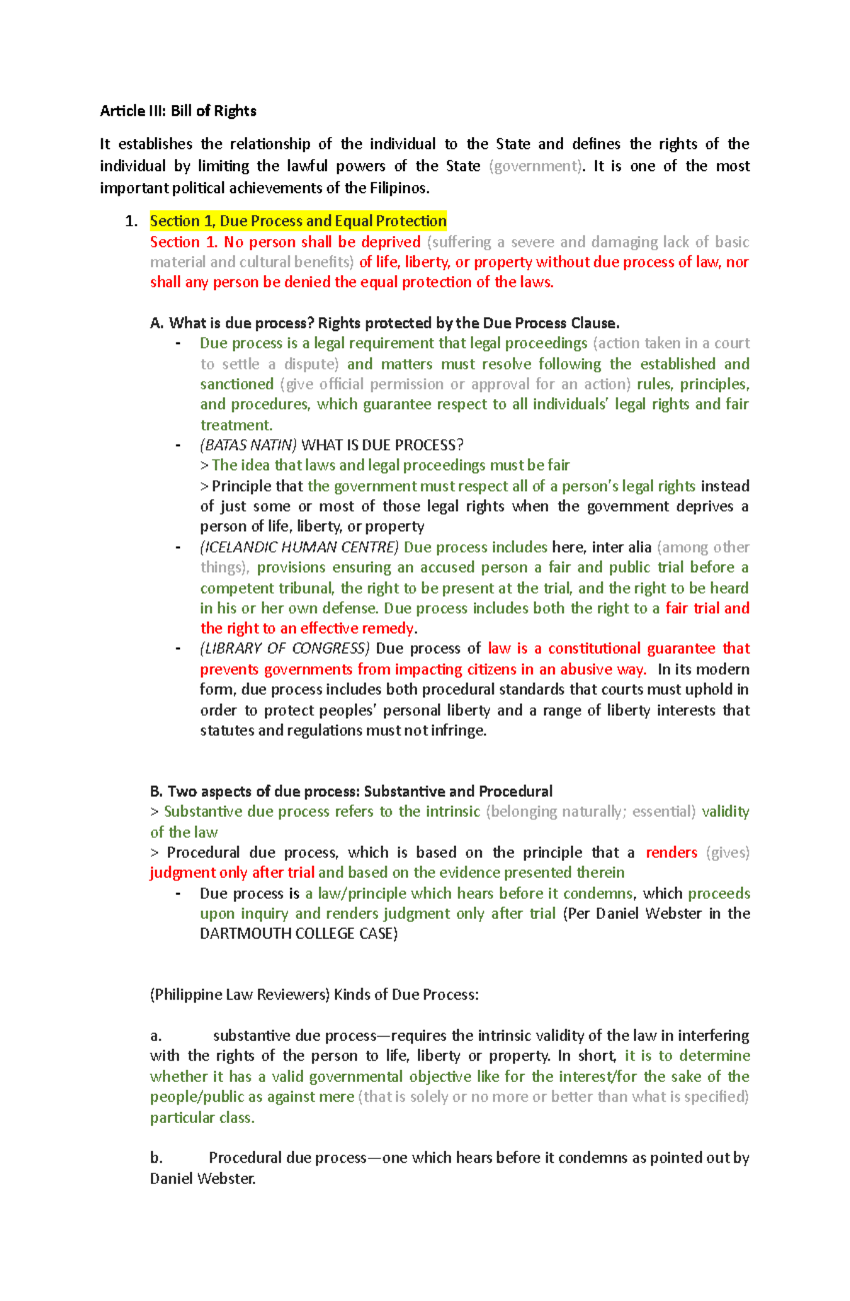 Bill of Rights Lecture Notes & Research - Article III: Bill of Rights ...