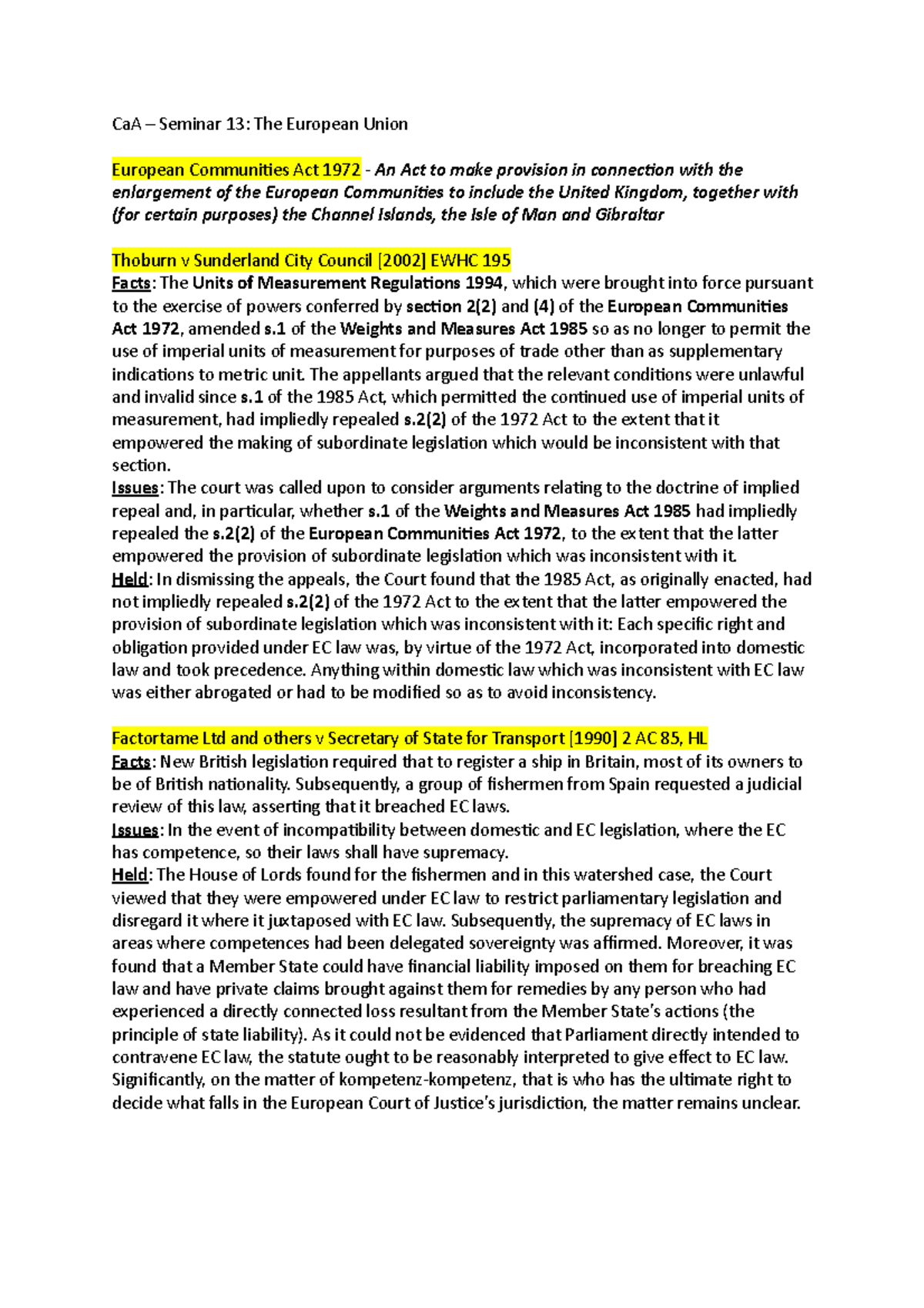 C&A Seminar work 13 - CaA – Seminar 13: The European Union European ...