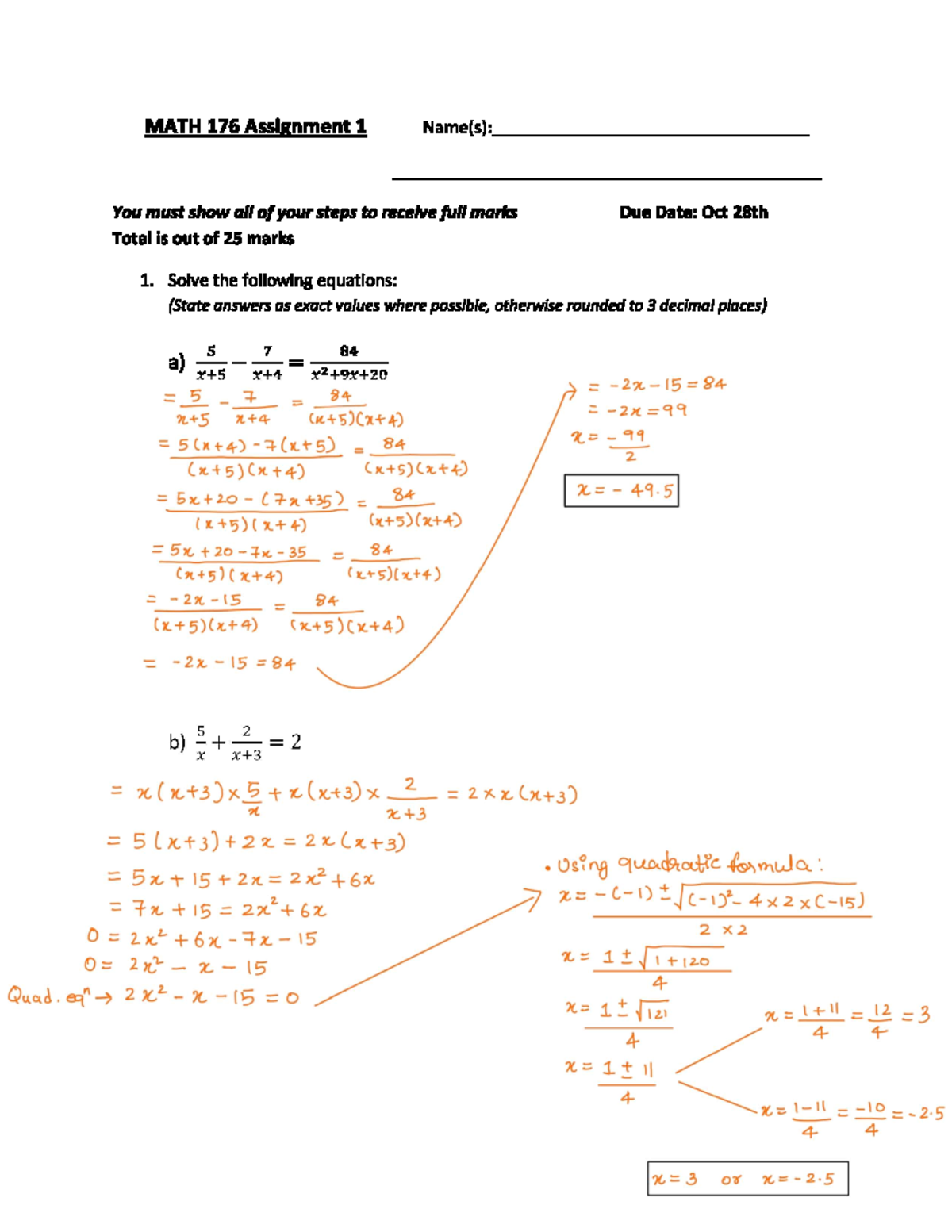 MATH 176 Assignment-1 ( Centennial College) - MATH 176 Assignment 1 Name(s): You must show all ...