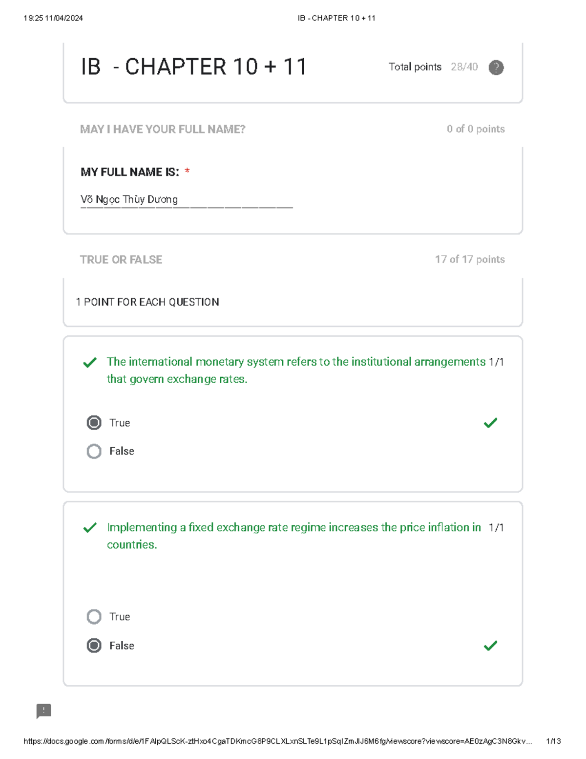 IB - Chapter 10 + 11 - IB chap 10 11 - MAY I HAVE YOUR FULL NAME? 0 of 0 points Võ Ngọc Thùy ...