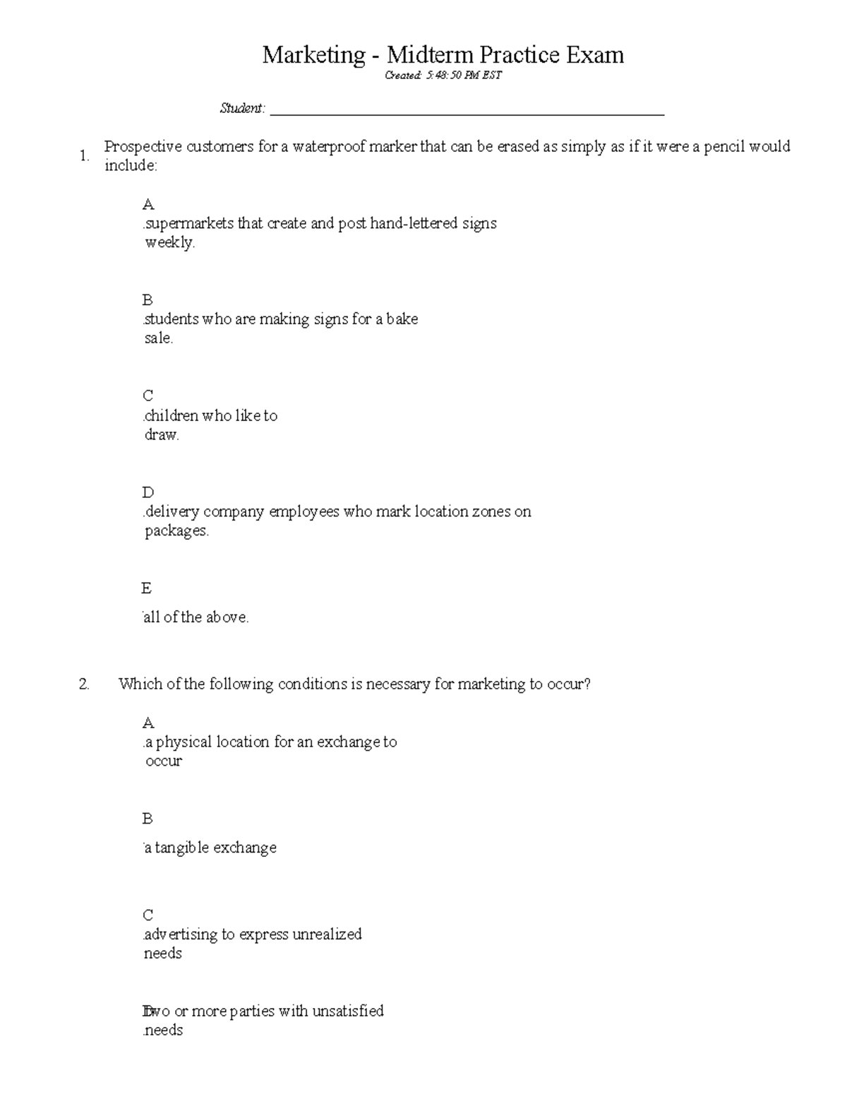 Marketing - Midterm Practice Exam - Marketing - Midterm Practice Exam ...