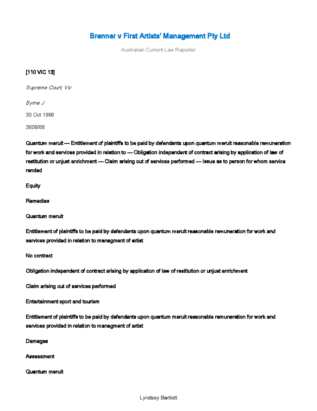 Case: Brenner v First Artists' Management Pty Ltd - Advanced Private ...