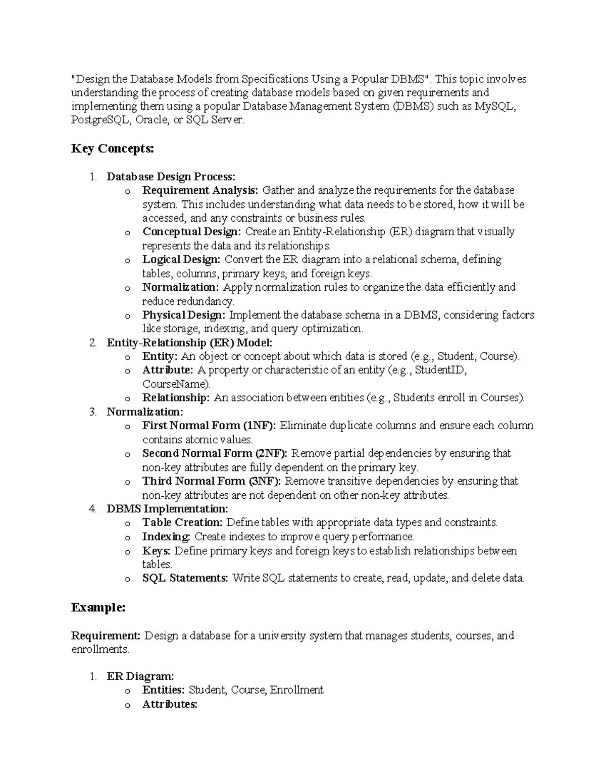 Design the Database Models from Specifications Using a Popular DBMS ...