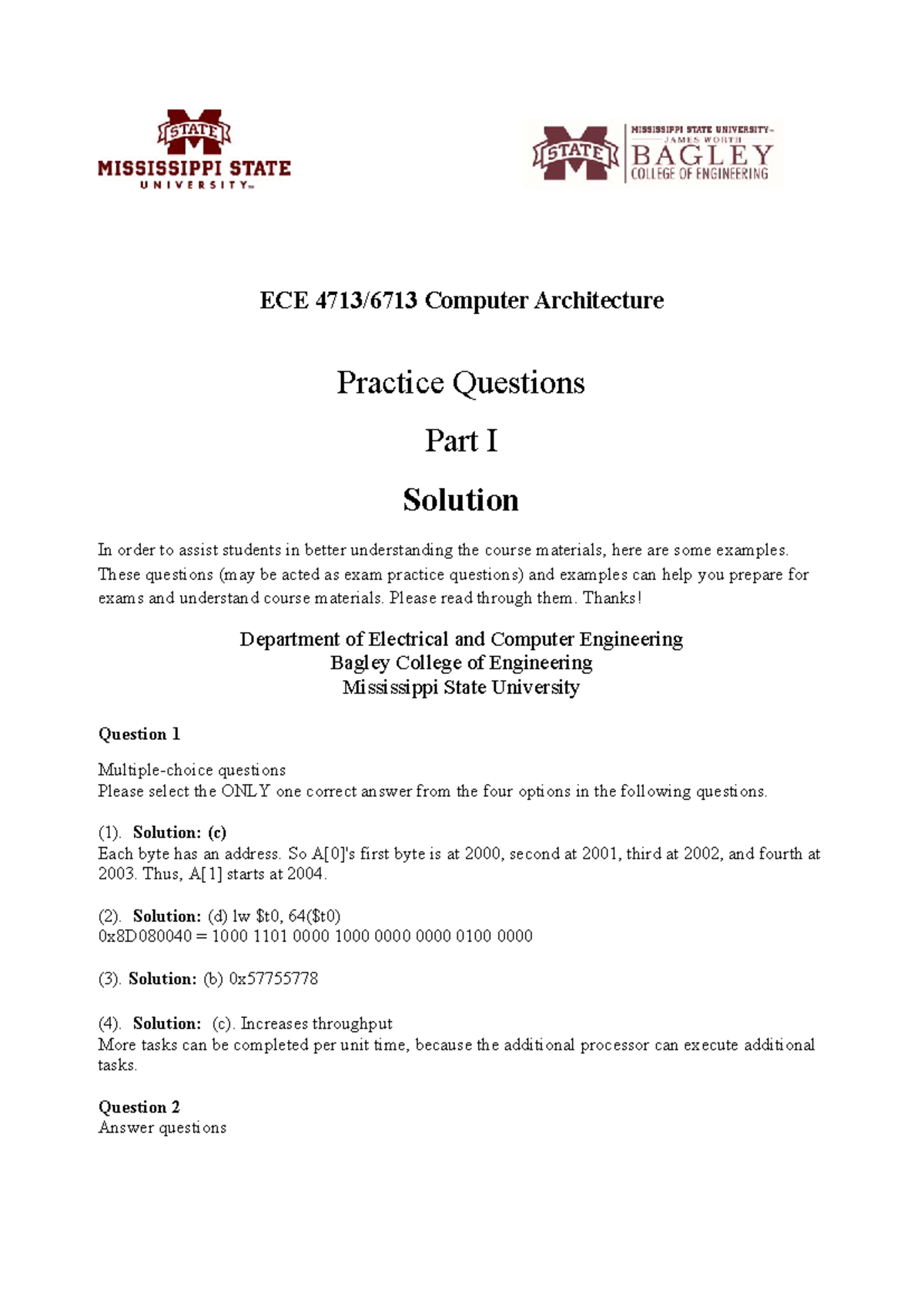 Practice Questions 1 - Solution - to students - Warning: TT: undefined function: 32 ECE 4713/ ...