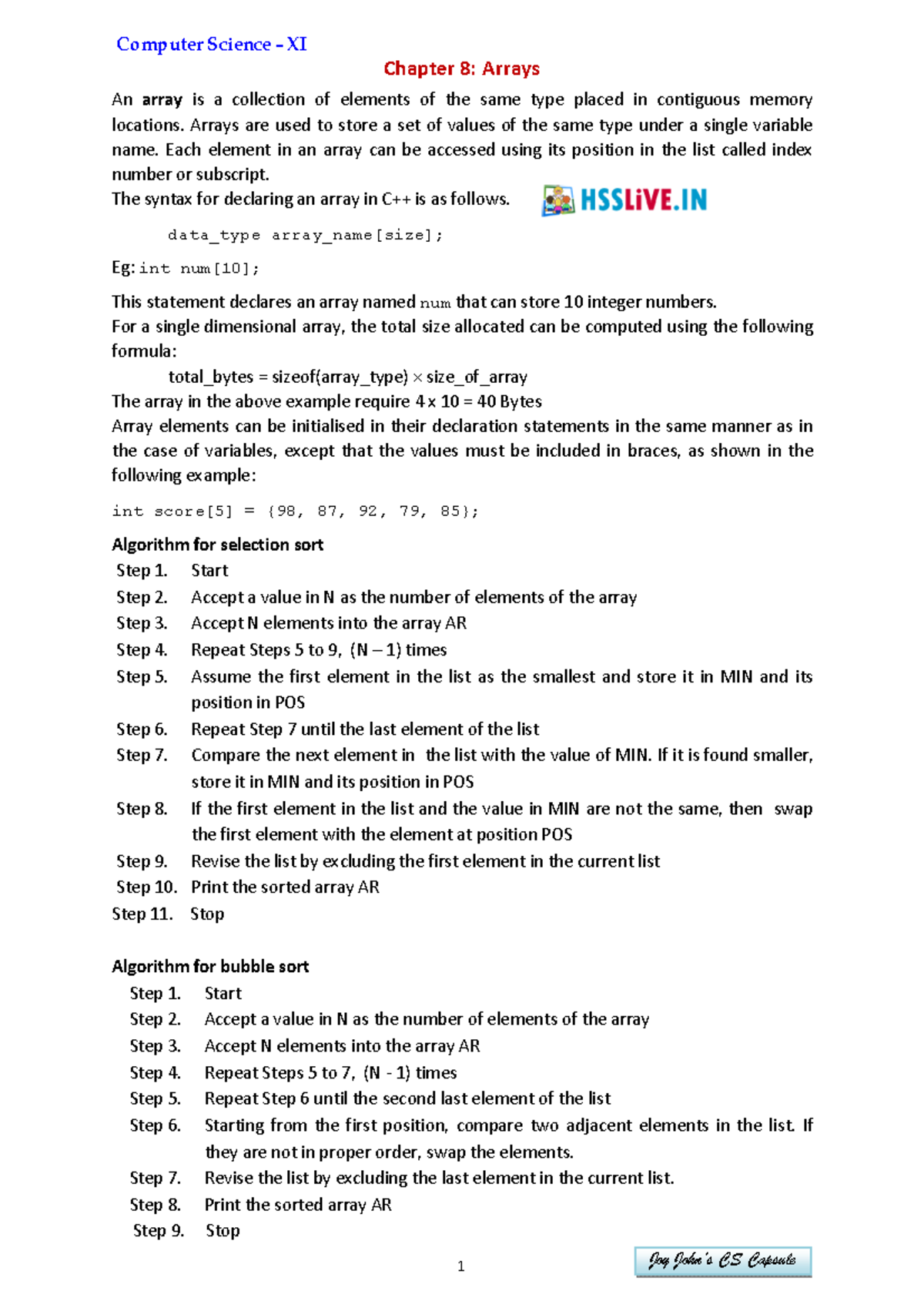 Hsslive XI CS Chap8 Arrays - Chapter 8: Arrays An array is a collection of elements of the same ...