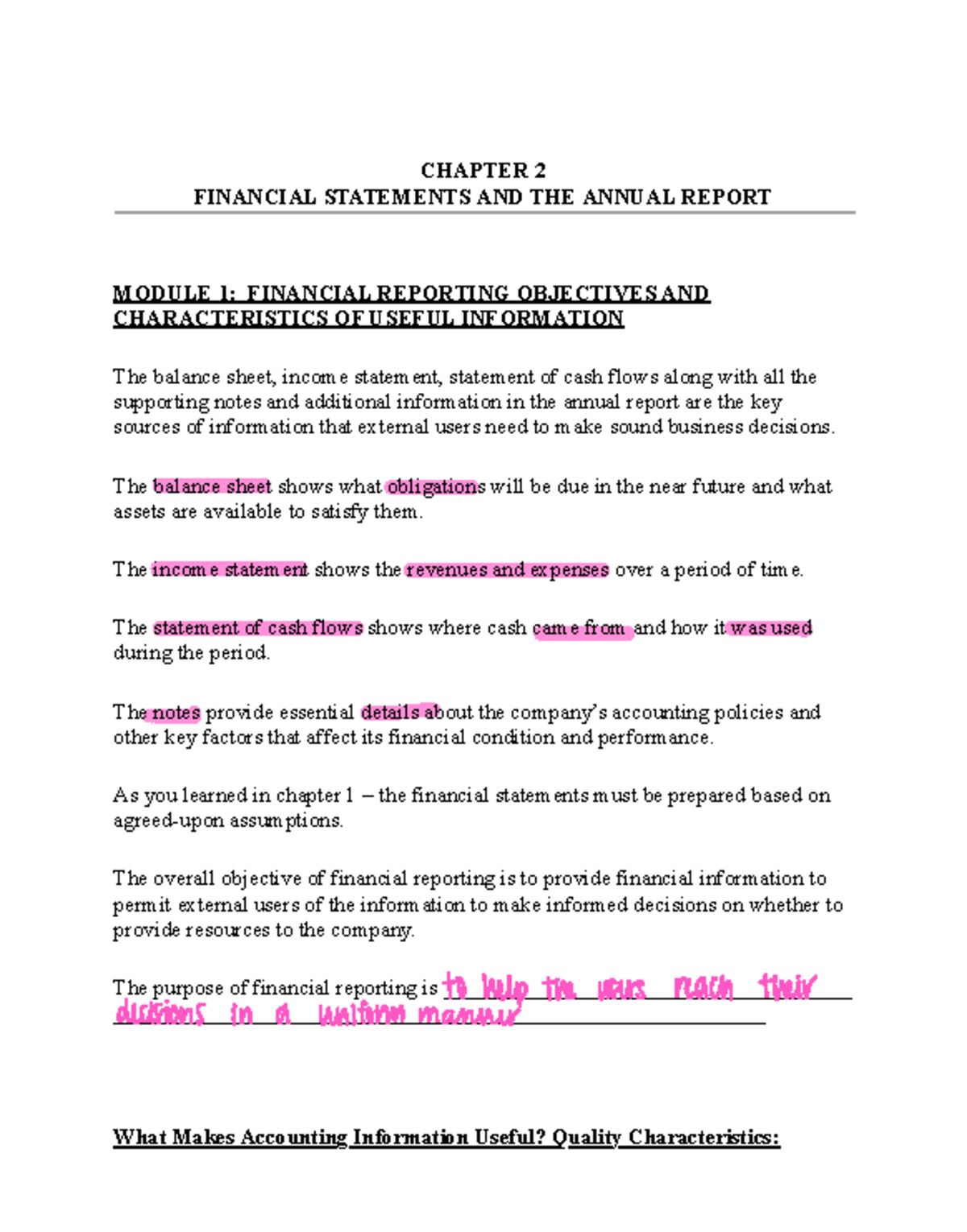 Ch. 2 outline - Financial statements and the annual report - CHAPTER 2 ...