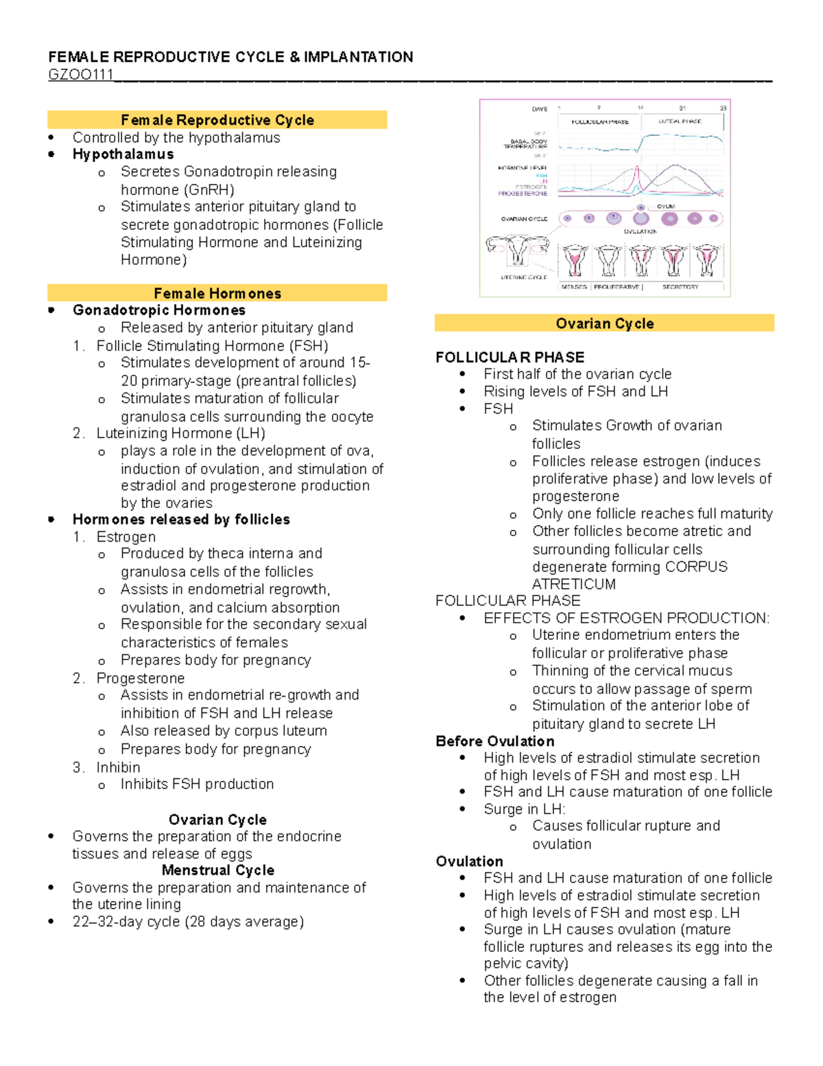 Female REP Cycle - FEMALE REPRODUCTIVE CYCLE & IMPLANTATION - Studocu