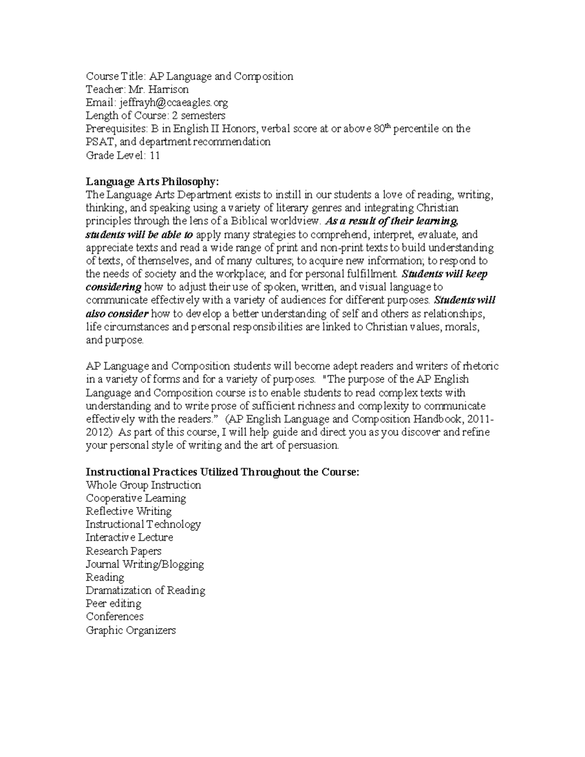 AP Language and Composition Syllabus - Course Title: AP Language and ...