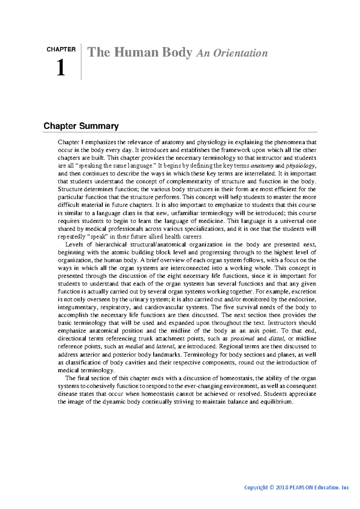 Chapter 1 The Human Body An Orientation - Copyright © 2018 PEARSON Education. Inc The Human Body ...