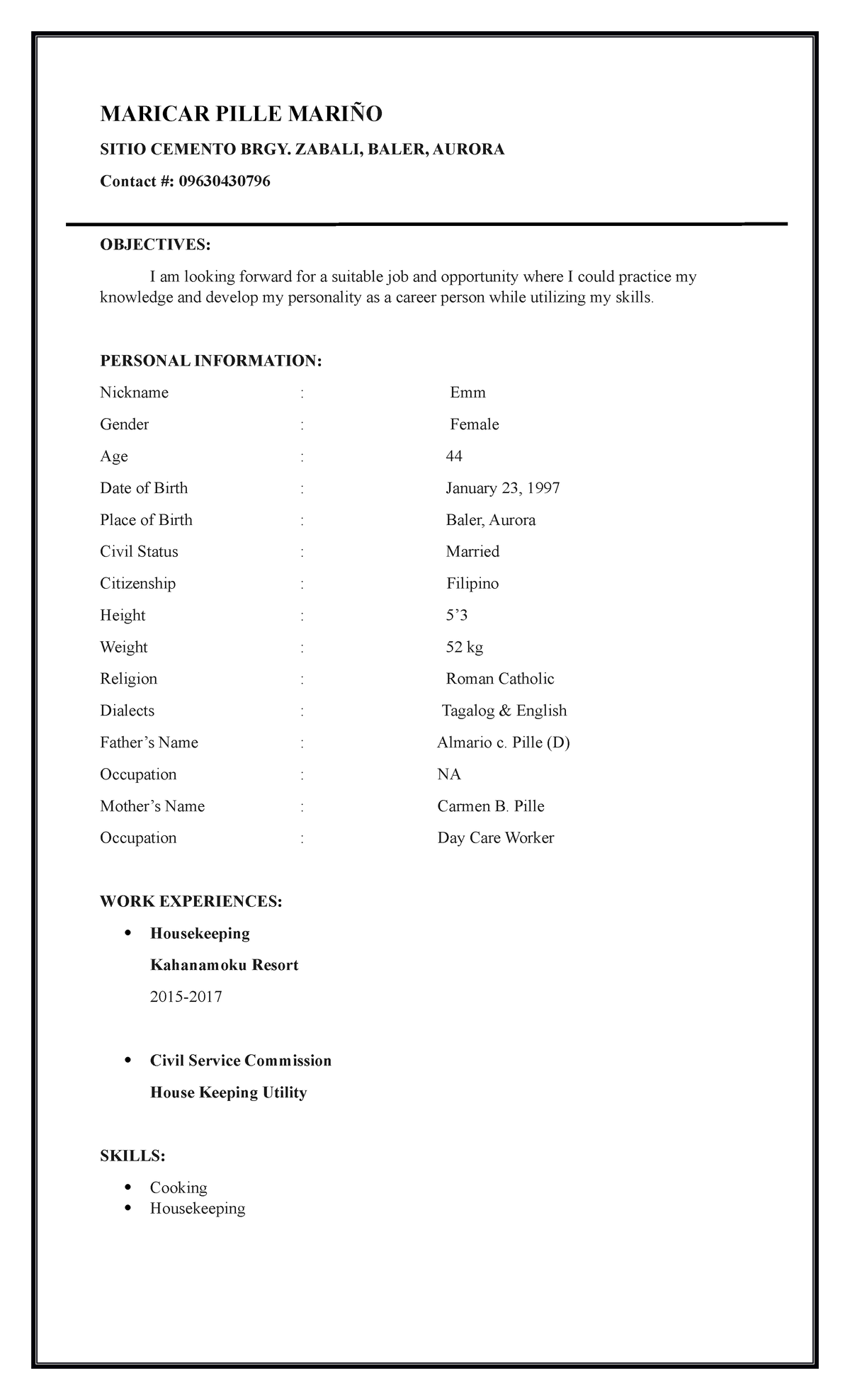 Maricar Resume - MARICAR PILLE MARIÑO SITIO CEMENTO BRGY. ZABALI, BALER ...