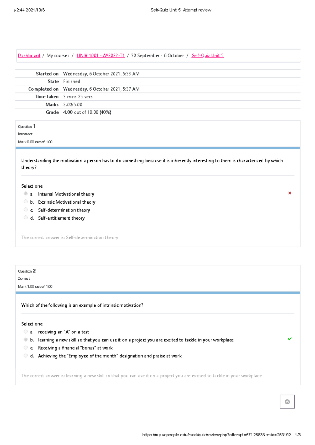Self-Quiz Unit 5 Attempt review - 10 /2021 2:44 م/ 6 Self-Quiz Unit 5: Attempt review - Studocu