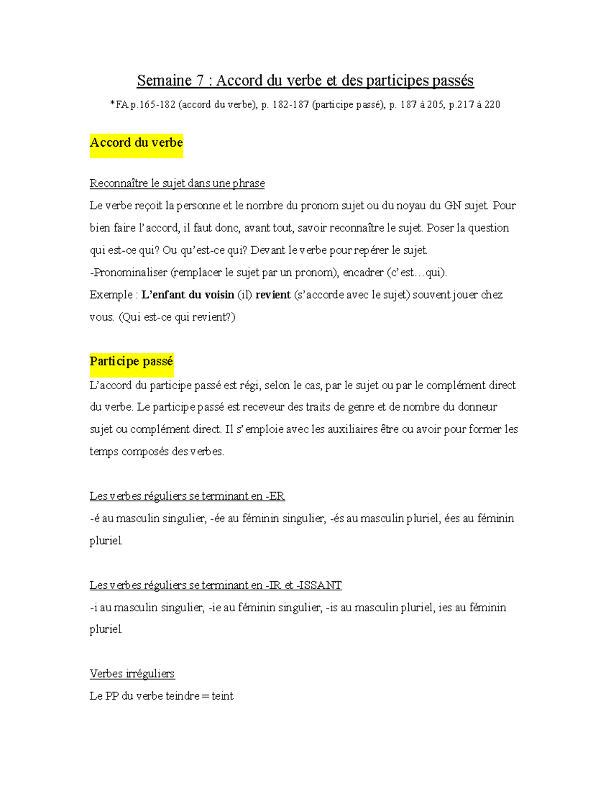Semaine 7 - Cours de Kathleen Borgia - Semaine 7 : Accord du verbe et ...