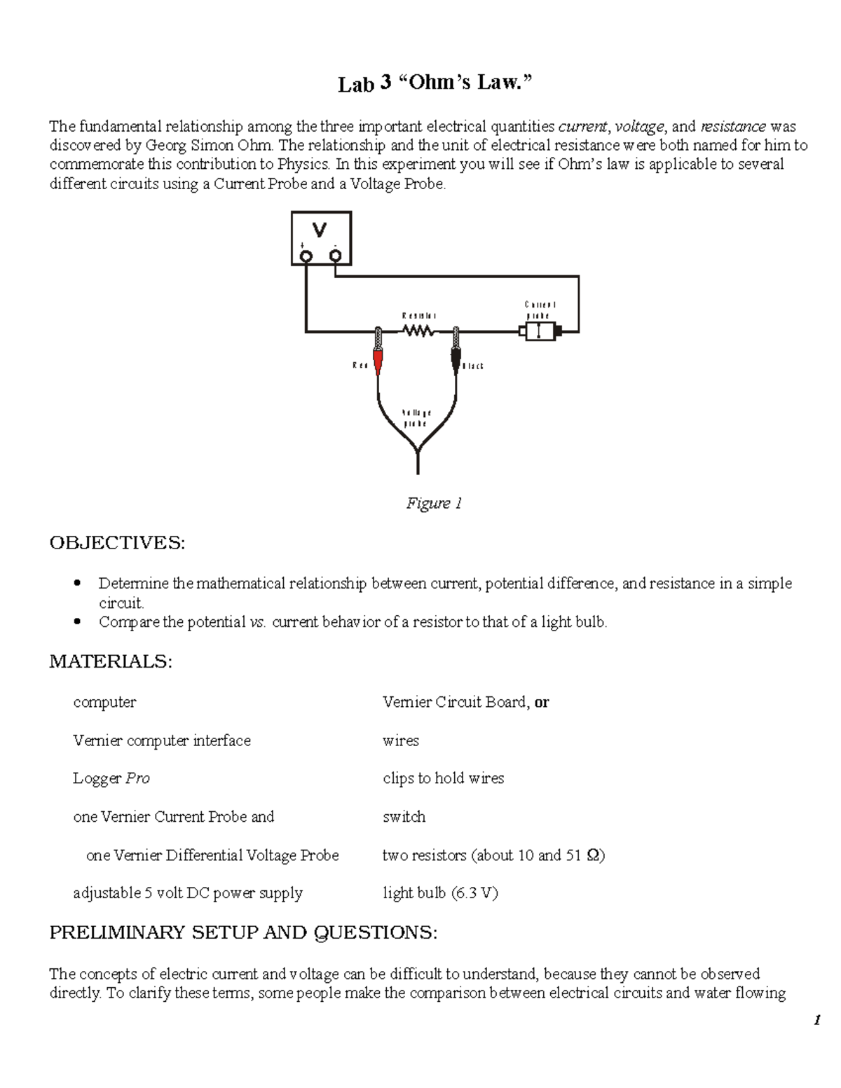 Lab Ohm's Law - Lab 3 “Ohm’s Law.” The fundamental relationship among ...