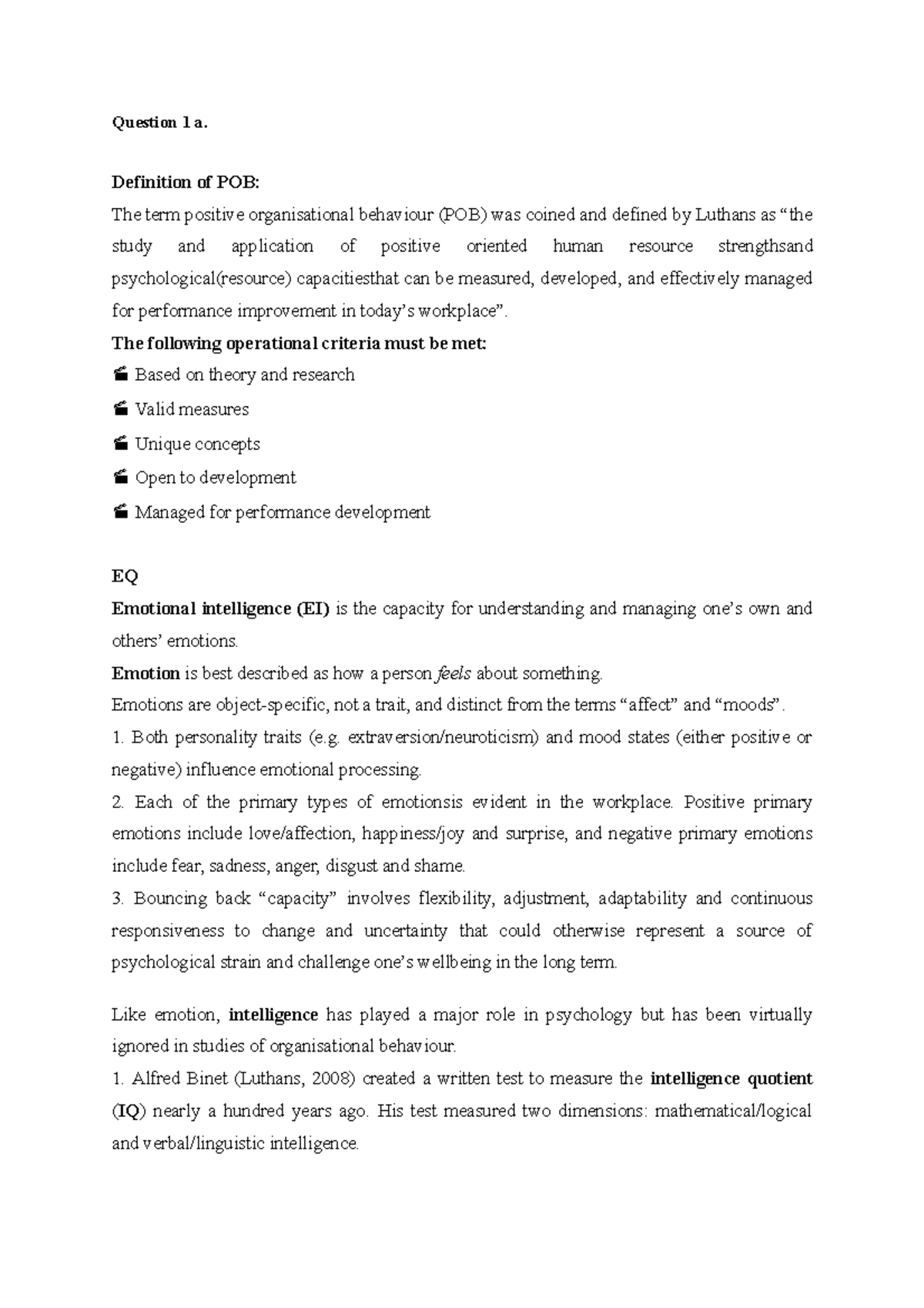 IOP4862 Complete notes - Question 1 a. Definition of POB: The term ...