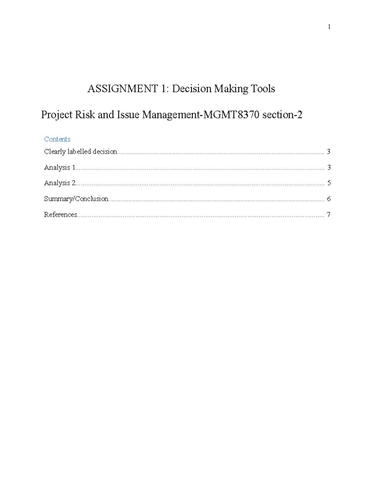 Assignment 1 decision making tool - ASSIGNMENT 1: Decision Making Tools ...
