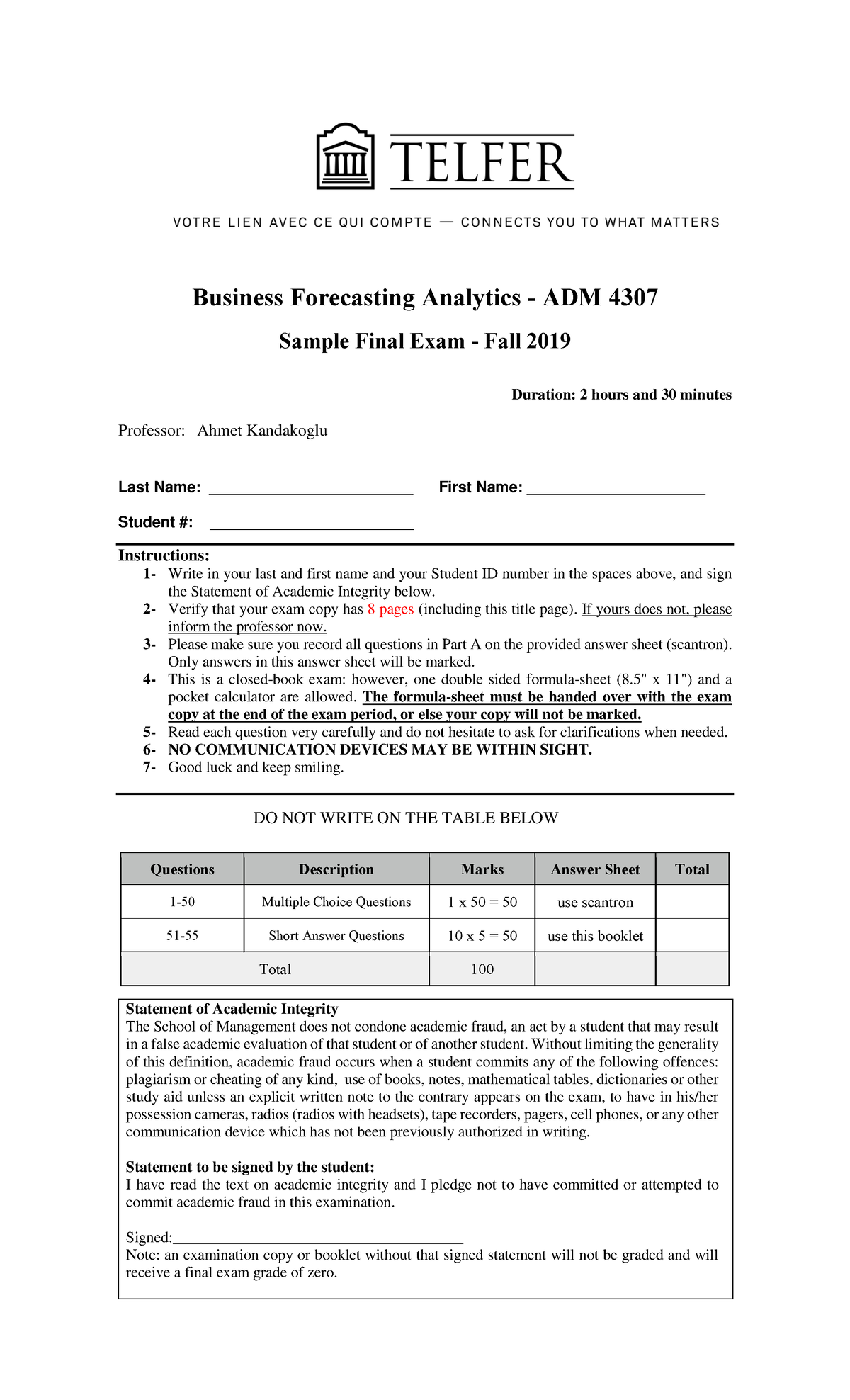 Final Exam - Sample - Answers - Business Forecasting Analytics - ADM 4307 Sample Final Exam ...