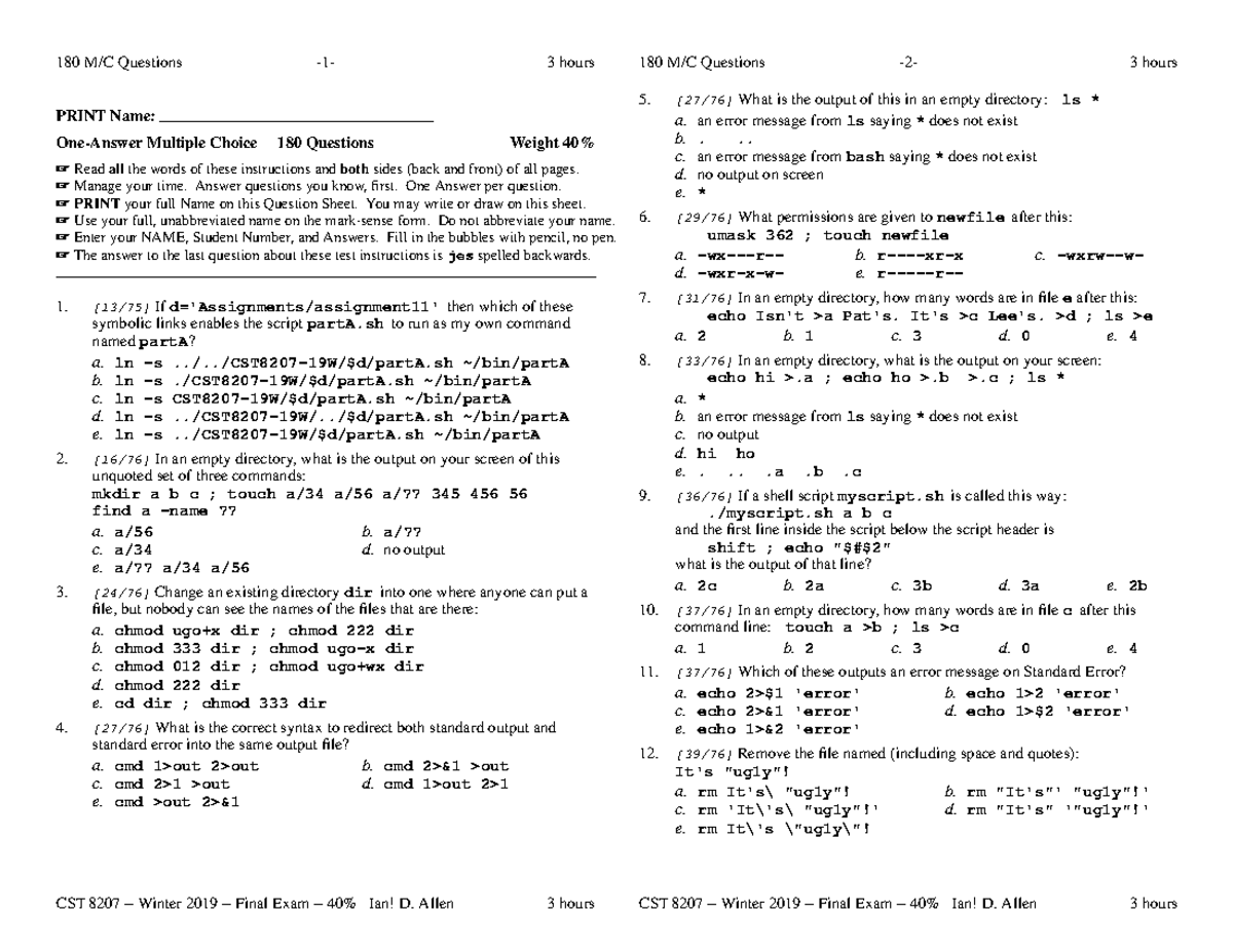 Midterm linux - for practice - 180 M/C Questions -1- 3 hours PRINT Name: One-Answer Multiple ...