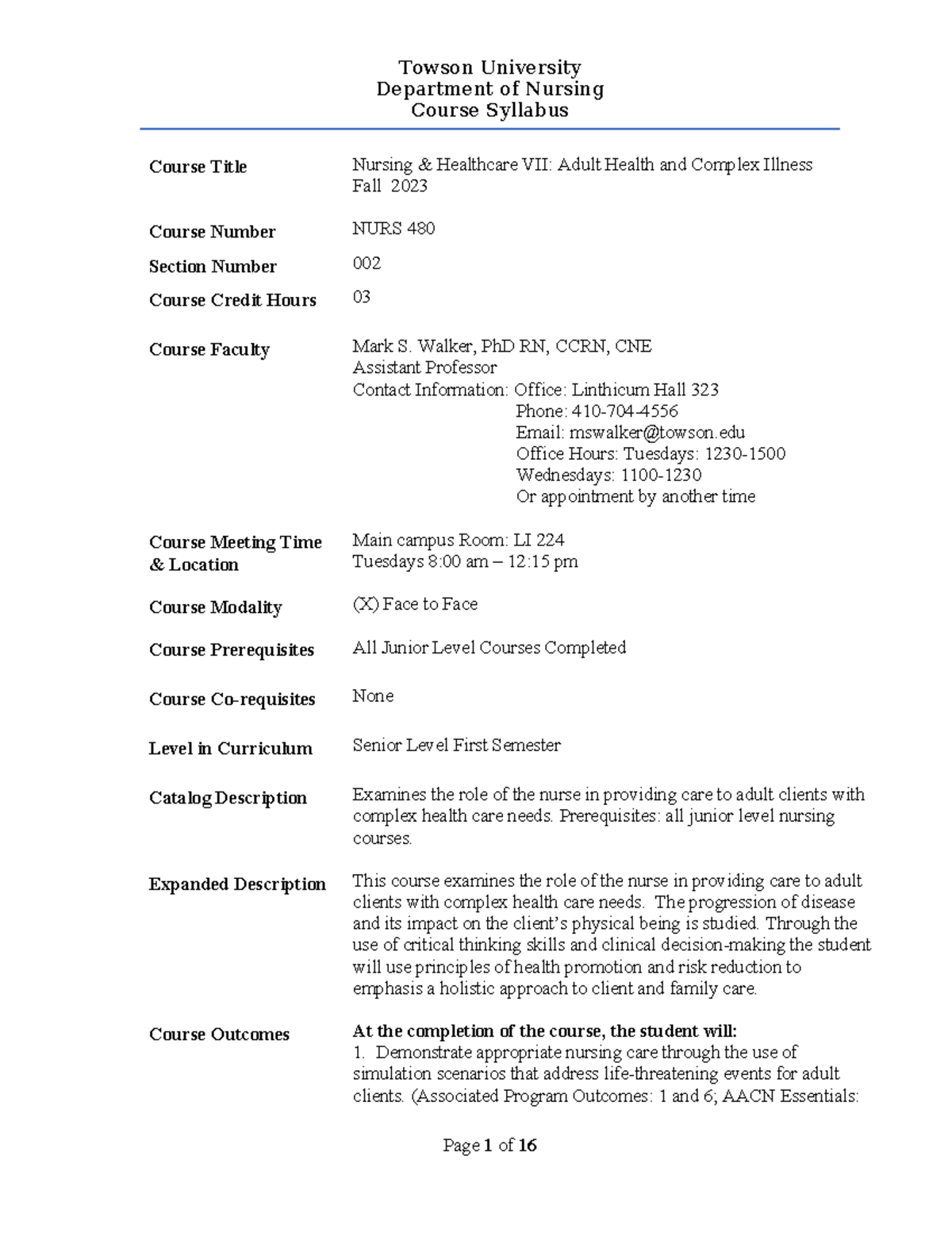 Syllabus NURS 480 - Department of Nursing Course Syllabus Course Title ...