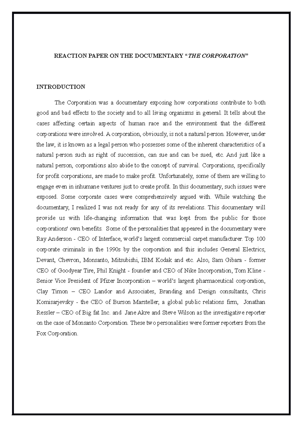 Reaction Paper final - REACTION PAPER ON THE DOCUMENTARY “ THE ...