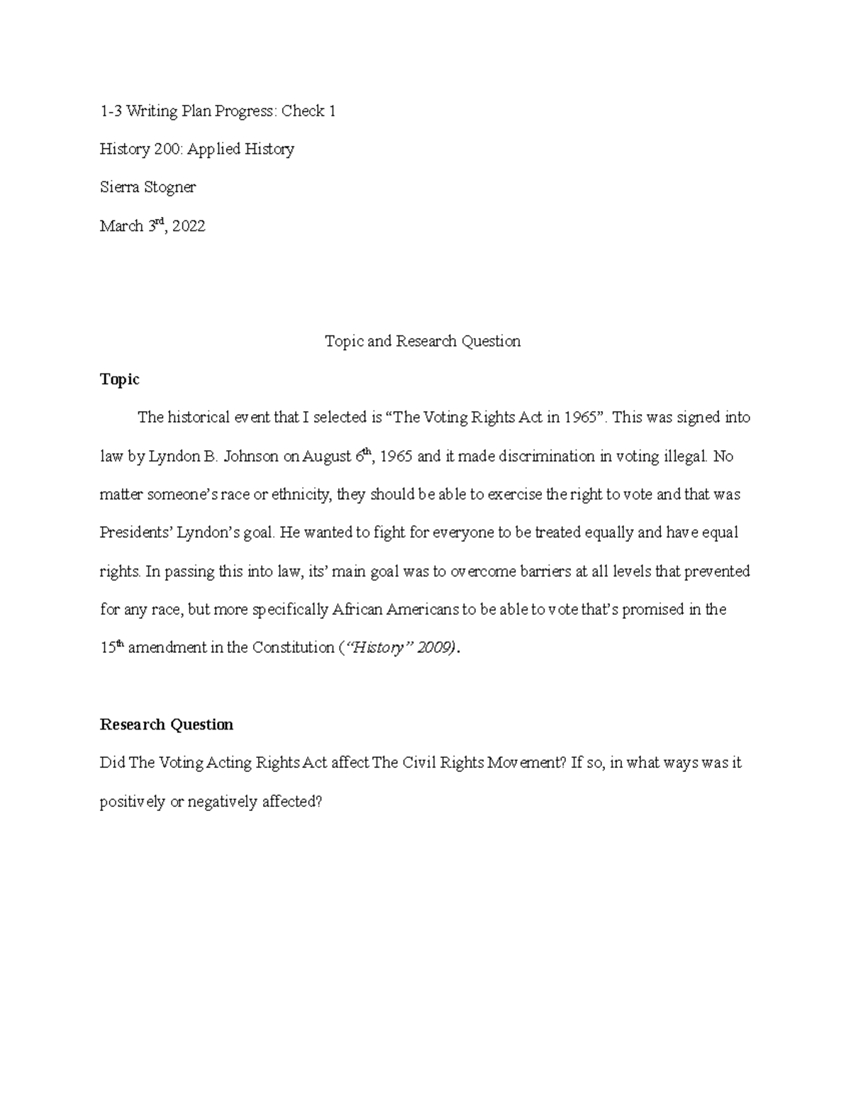 History 200 1-3 Writing Plan - 1-3 Writing Plan Progress: Check 1 ...