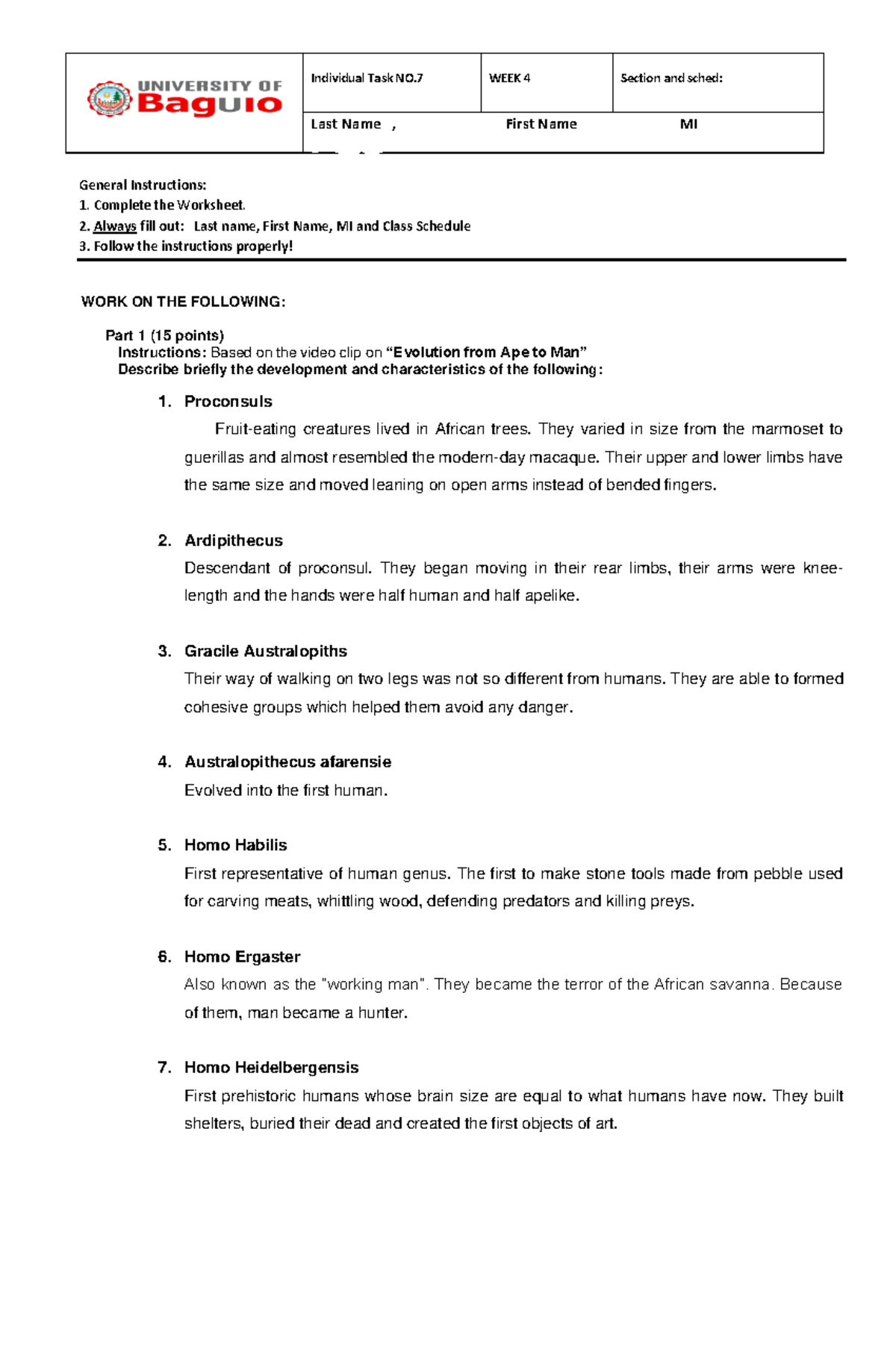 Evolution form Ape to Man Scites 1 - Individual Task NO WEEK 4 Section ...