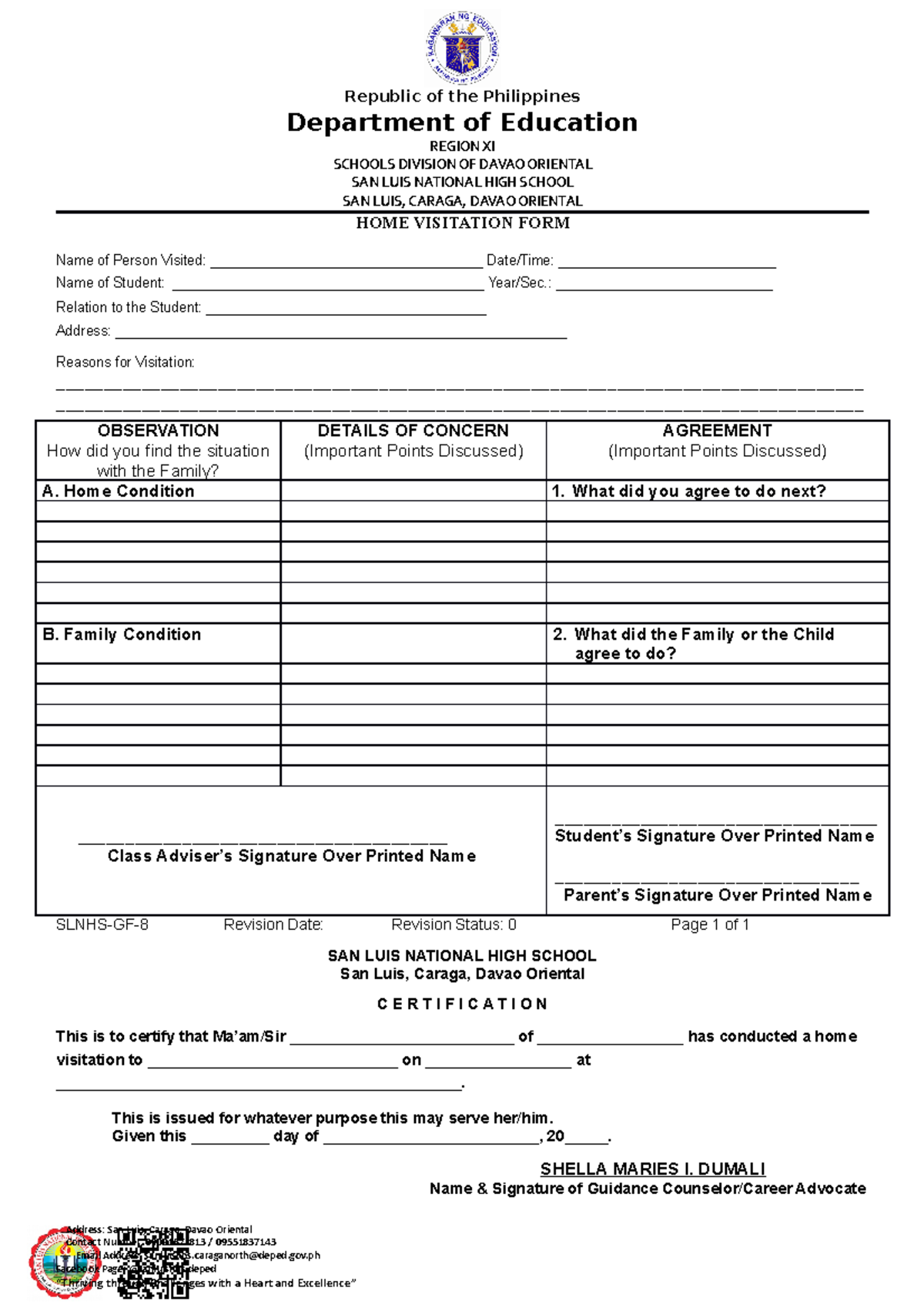 Home Visitation Form - Republic of the Philippines Department of ...