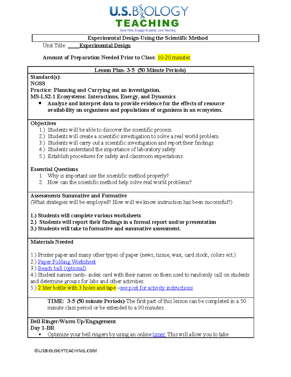 Experimental Design Lesson Plan 1 - Experimental Design-Using the Scientific Method Unit Title ...