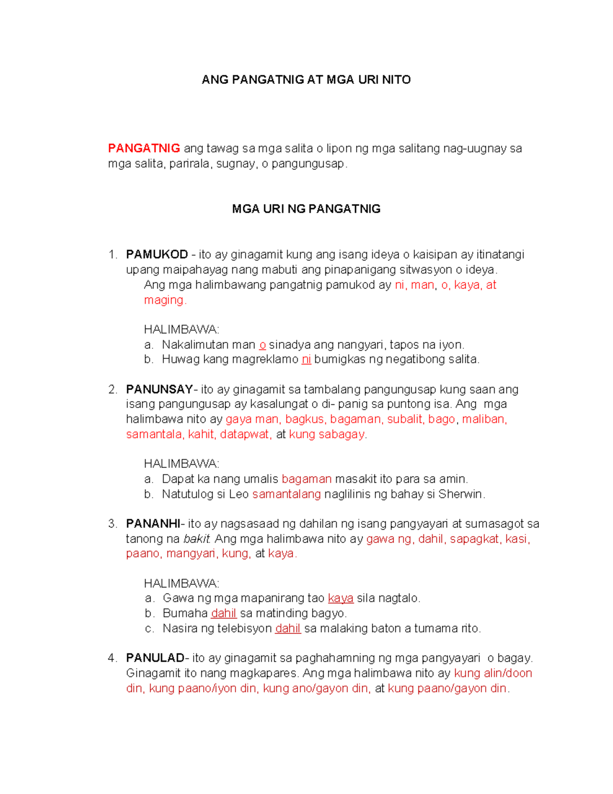 ANG Pangatnig AT MGA URI NITO - ANG PANGATNIG AT MGA URI NITO PANGATNIG ...