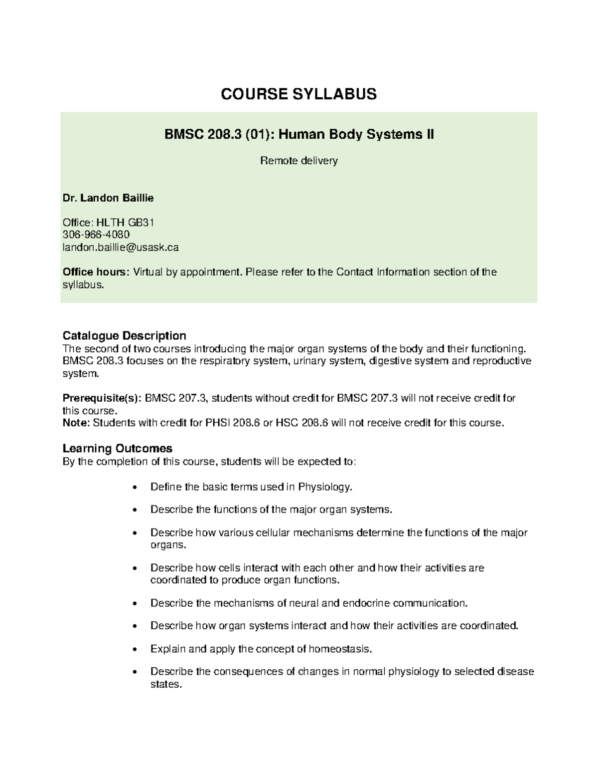 BMSC 208 (01) Syllabus - COURSE SYLLABUS BMSC 208 (01): Human Body ...