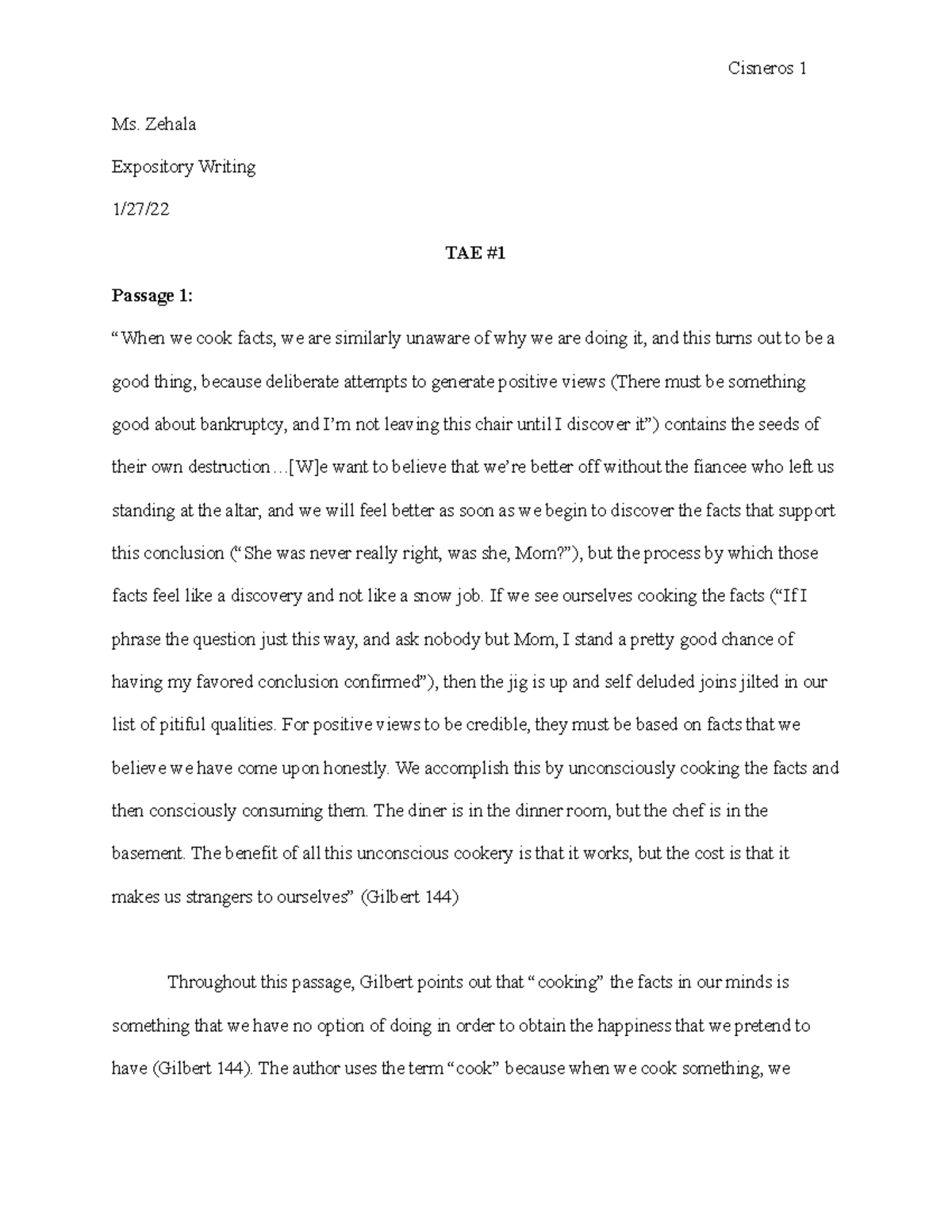 TAE #1 "Gilbert" - Cisneros 1 Ms. Zehala Expository Writing 1/27/ TAE ...