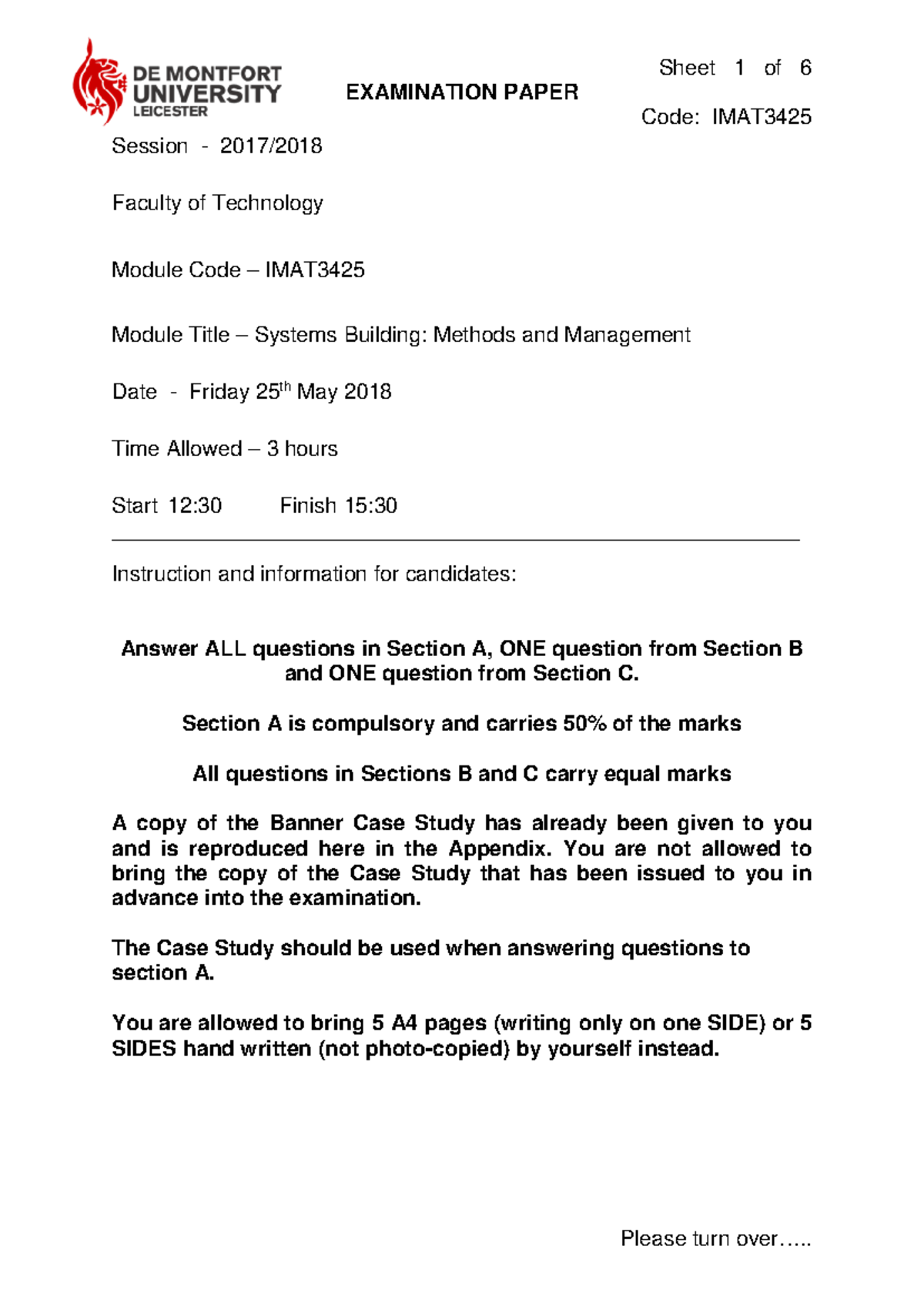 IMAT3425 2018 Exam - Sheet 1 of 6 EXAMINATION PAPER Code: IMAT Session ...