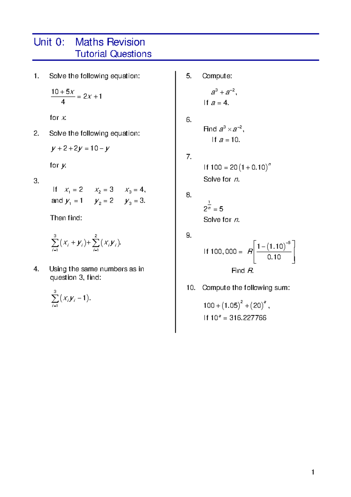 Maths Revision Questions - Unit 0: Maths Revision Tutorial Questions 1 ...