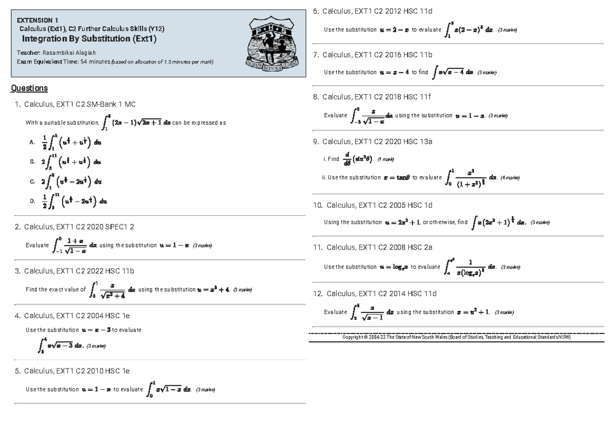 Integration by substitution-sm - 1. Calculus, EXT1 C2 SM-Bank 1 MC 2 ...