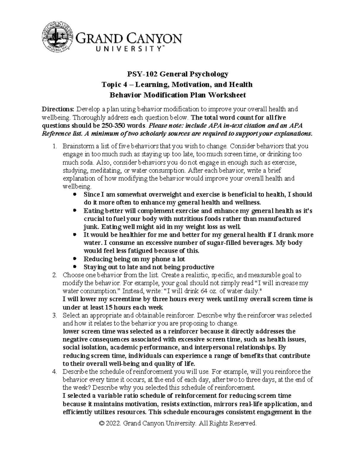 PSY 102 RS T4 Behavior Modification Plan - PSY-102 General Psychology ...
