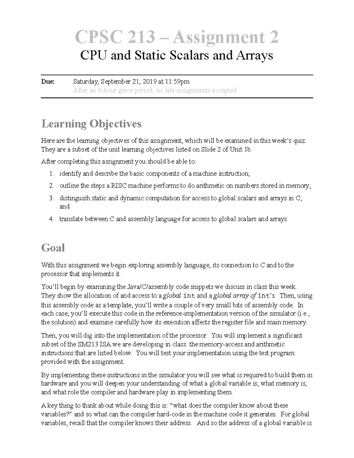 A2 - cpu and static scalars and arrays - CPSC 213 – Assignment 2 CPU and Static Scalars and ...