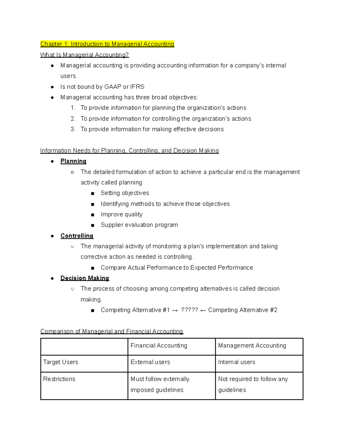 Acc406 Lecture Notes Chapter 1 Introduction To Managerial Accounting
